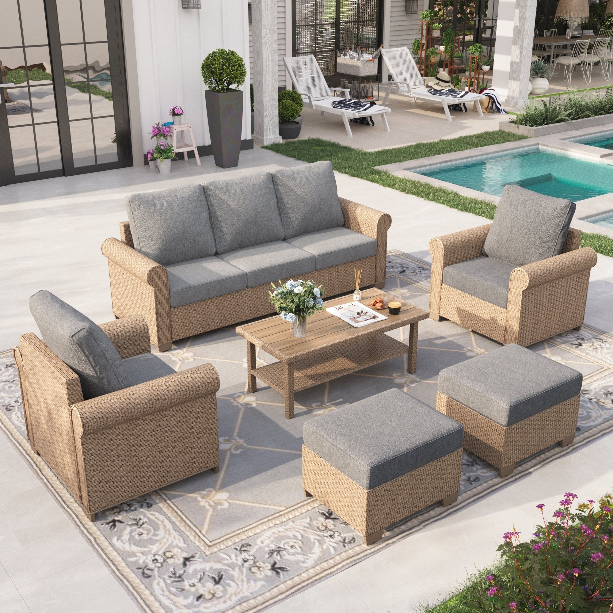 Sophia & William 6 Pieces Wicker Patio Furniture Set 7-Seat Outdoor ...