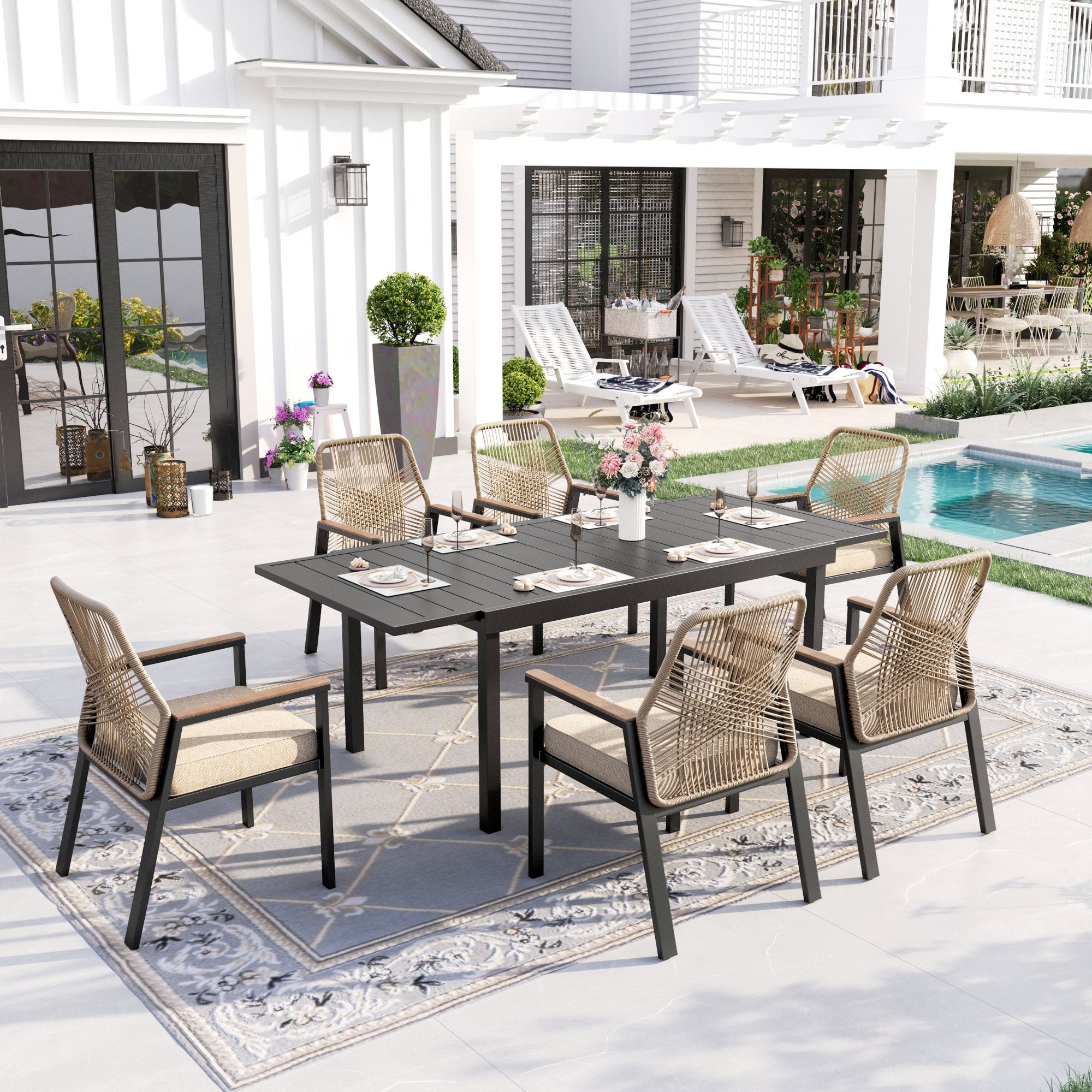 Sophia & William 7-Piece Outdoor Patio Dining Set Metal Rattan Chairs ...