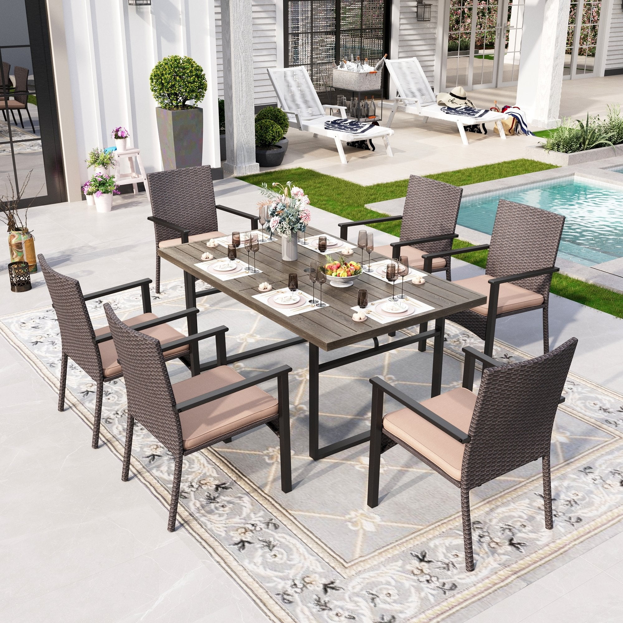 Alpha Joy 7-Piece Outdoor Patio Dining Set Rattan Cushioned Chairs and ...