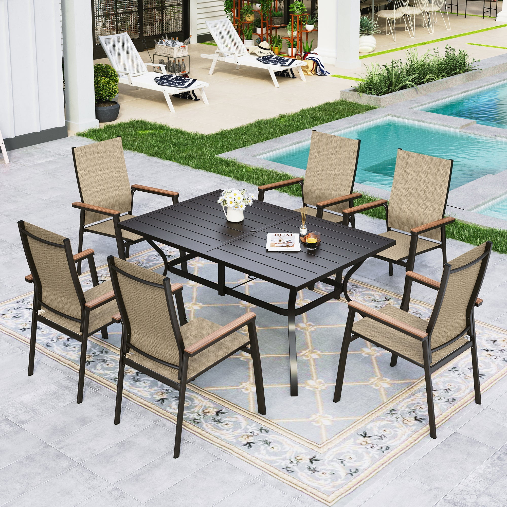 Sophia&William 7-Piece Outdoor Dining Set, Beige, Textilene Chairs ...