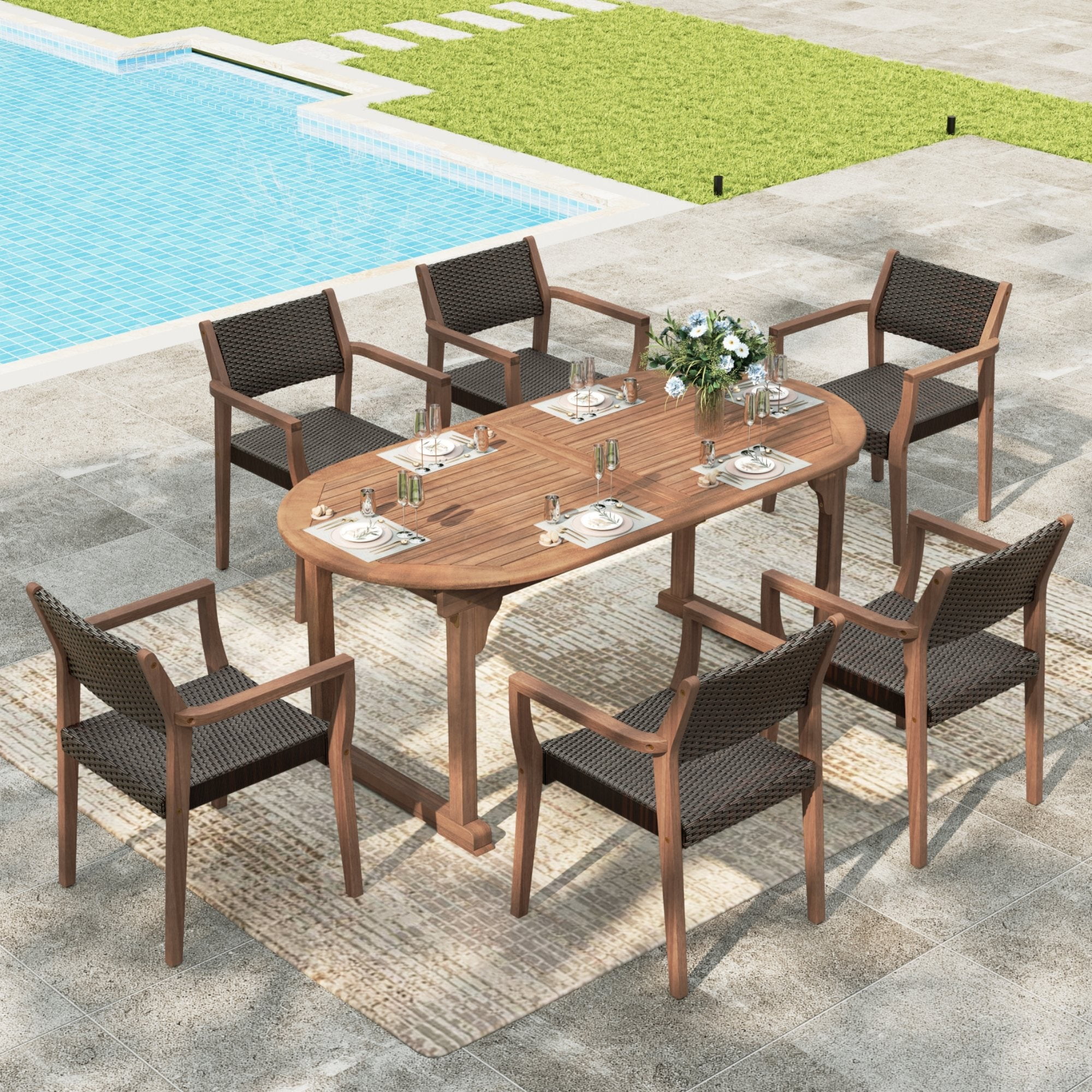 Alpha Joy 7-Piece Outdoor Dining Set, Wicker Chairs, Acacia Wood ...