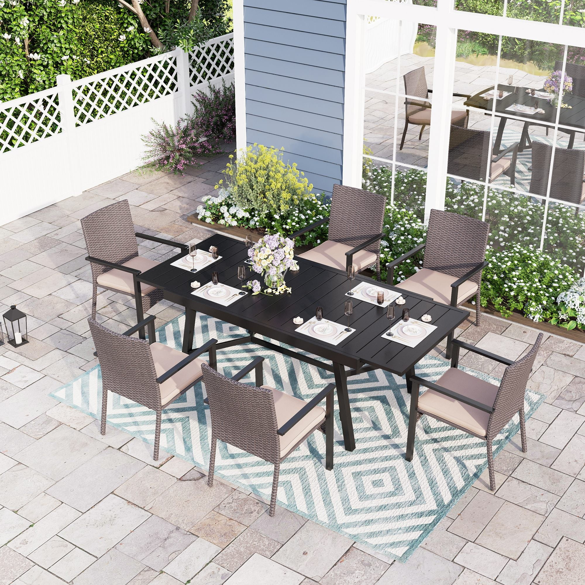 Alpha Joy 7-Piece Patio Dining Set with Extendable Table & 6 Rattan ...