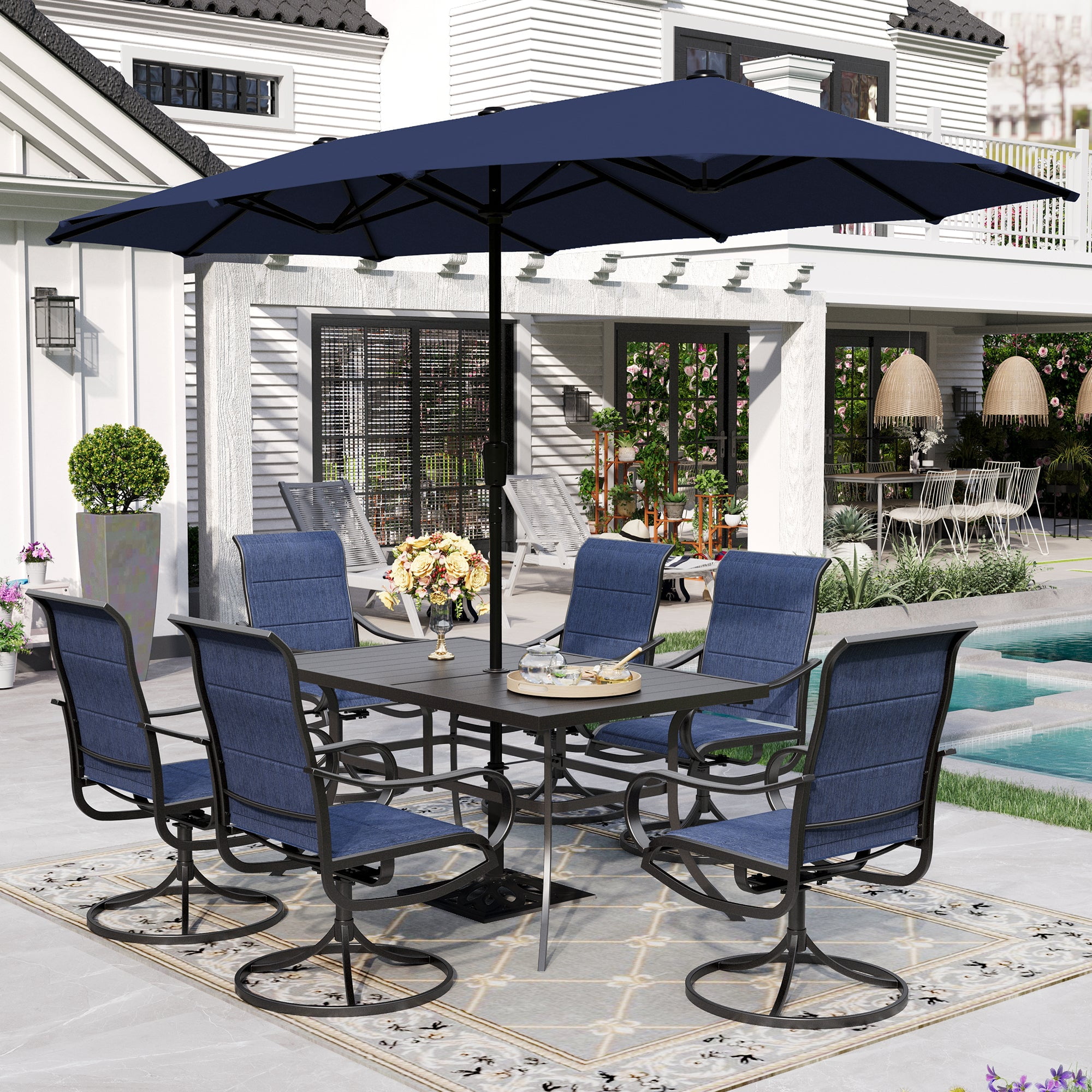 Sophia & William 8-Pc Patio Dining Set w/ Swivel Chairs & 13ft Navy ...
