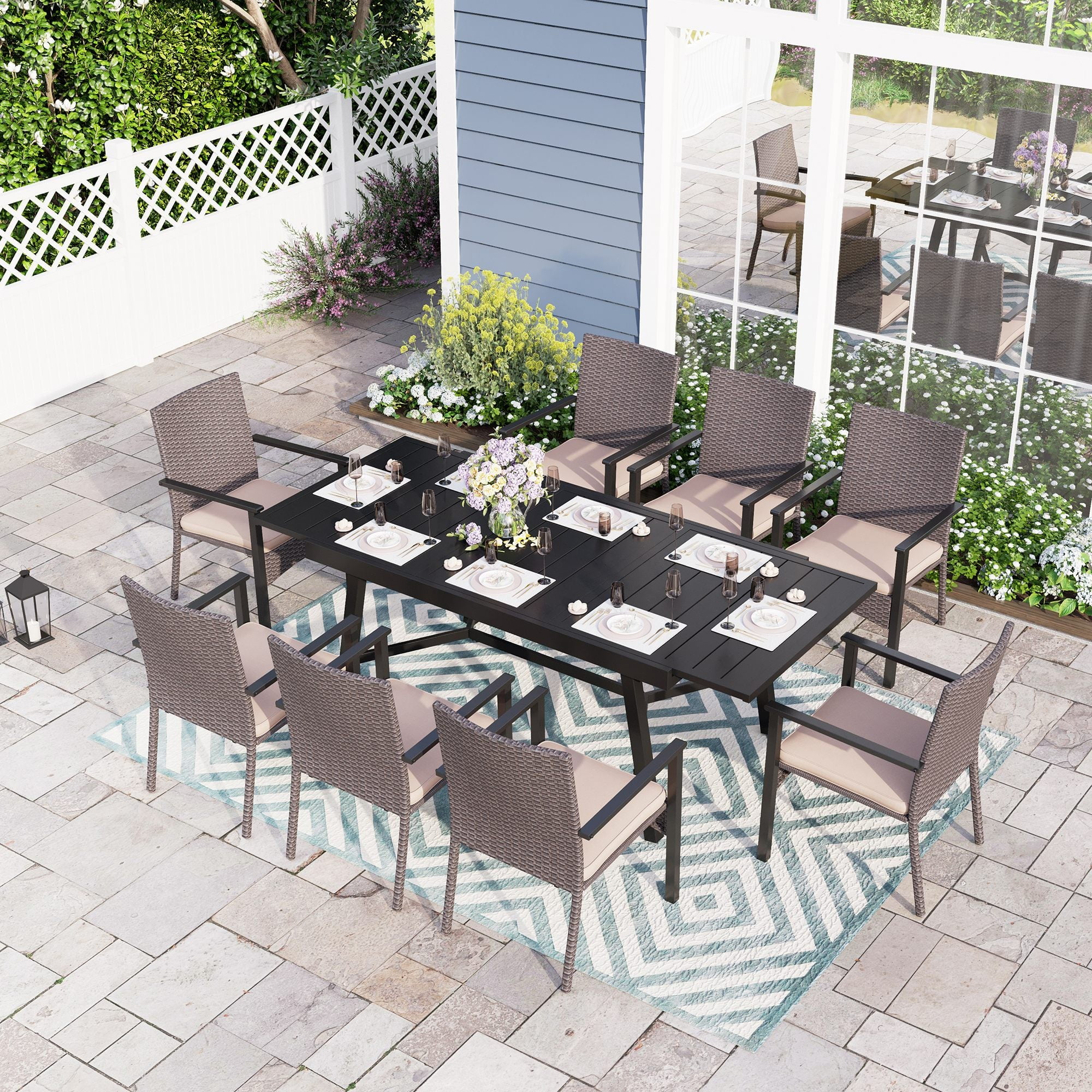 Alpha Joy 9-Piece Patio Dining Set with Extendable Table & 8 Rattan ...