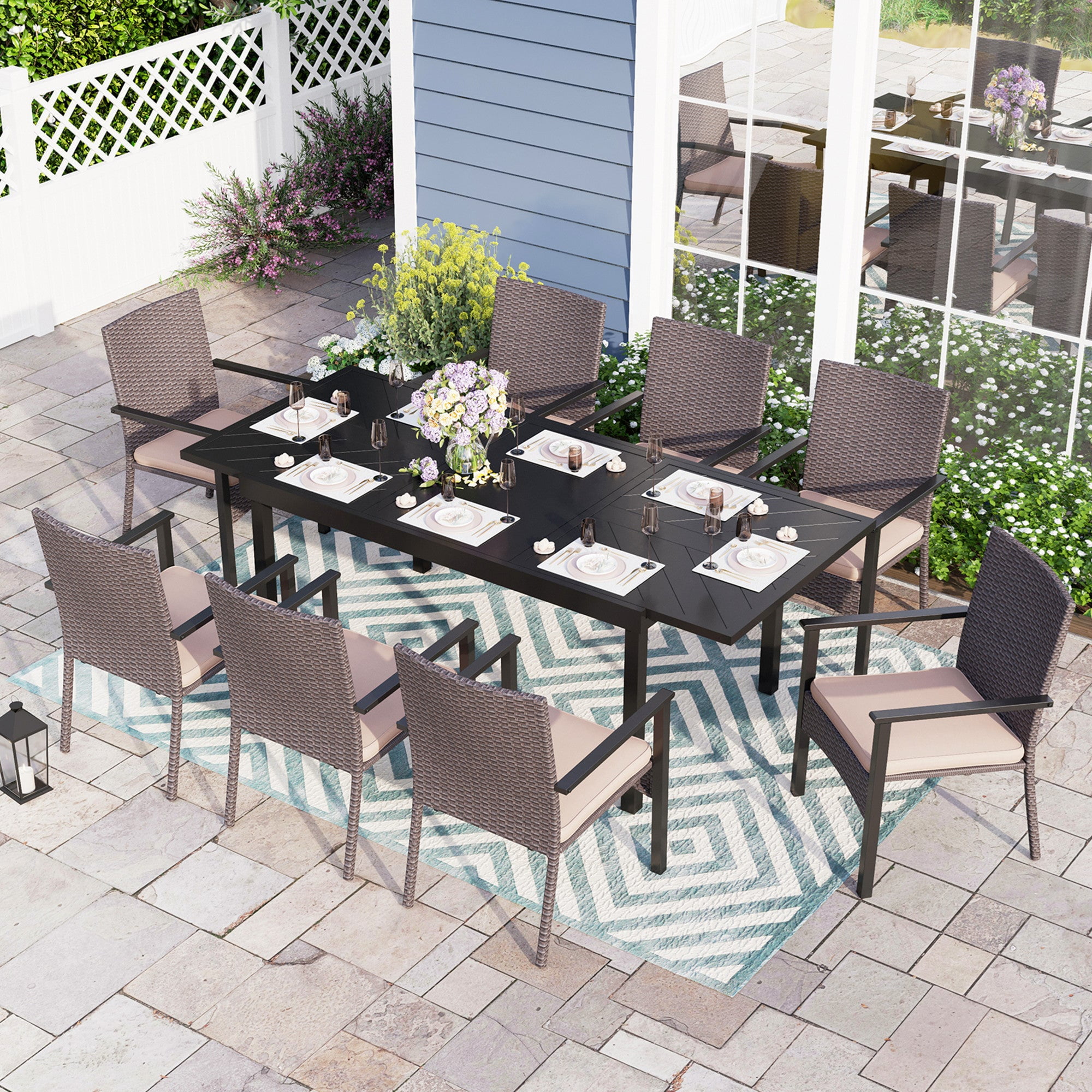 Alpha Joy 9-Piece Patio Dining Set with Rattan Cushioned Chairs and ...