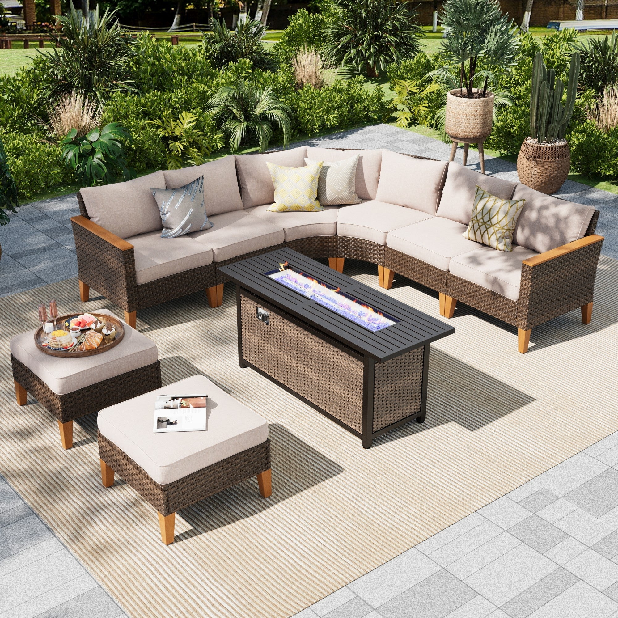 Alpha Joy 9 Pieces Outdoor Conversation Set with 56" Fire Pit Table ...