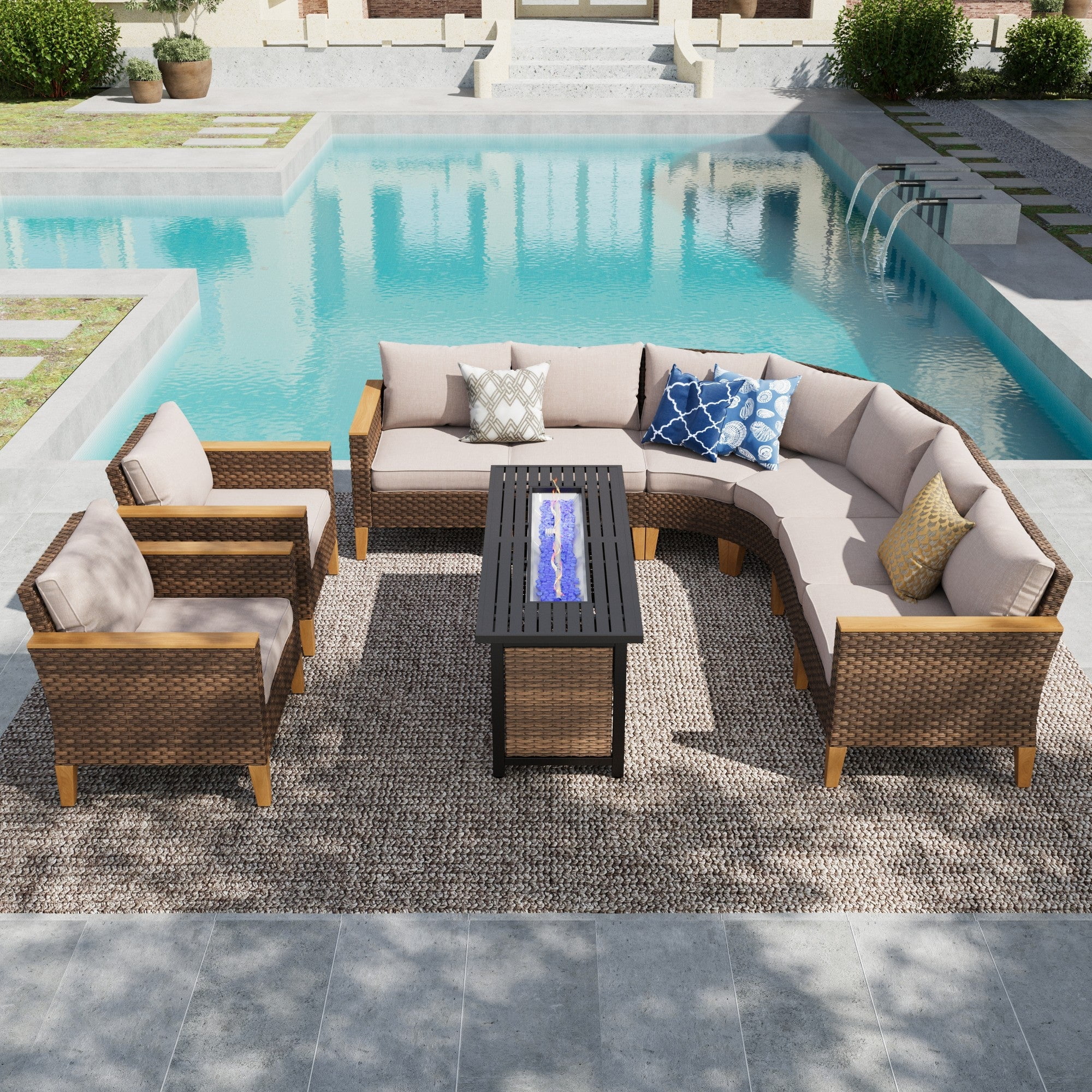 Alpha Joy 9 Pieces Wicker Outdoor Conversation Set with 56" Fire Pit ...