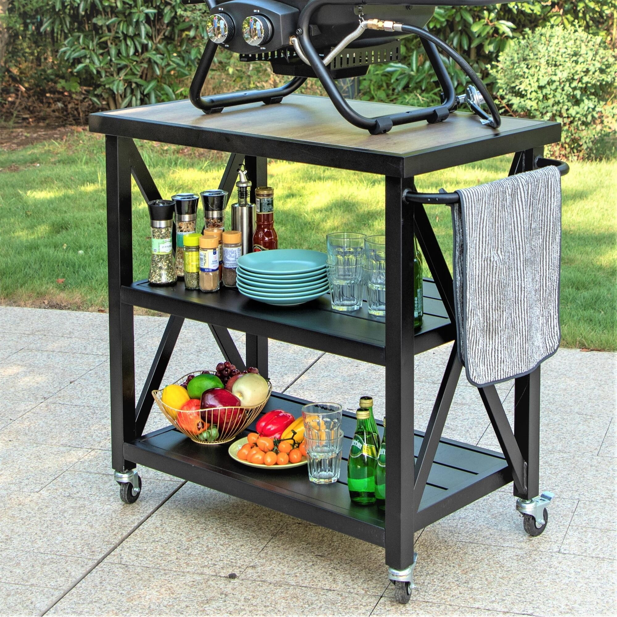 Sophia & William Black Steel Outdoor Kitchen Prep Station with Shelving ...