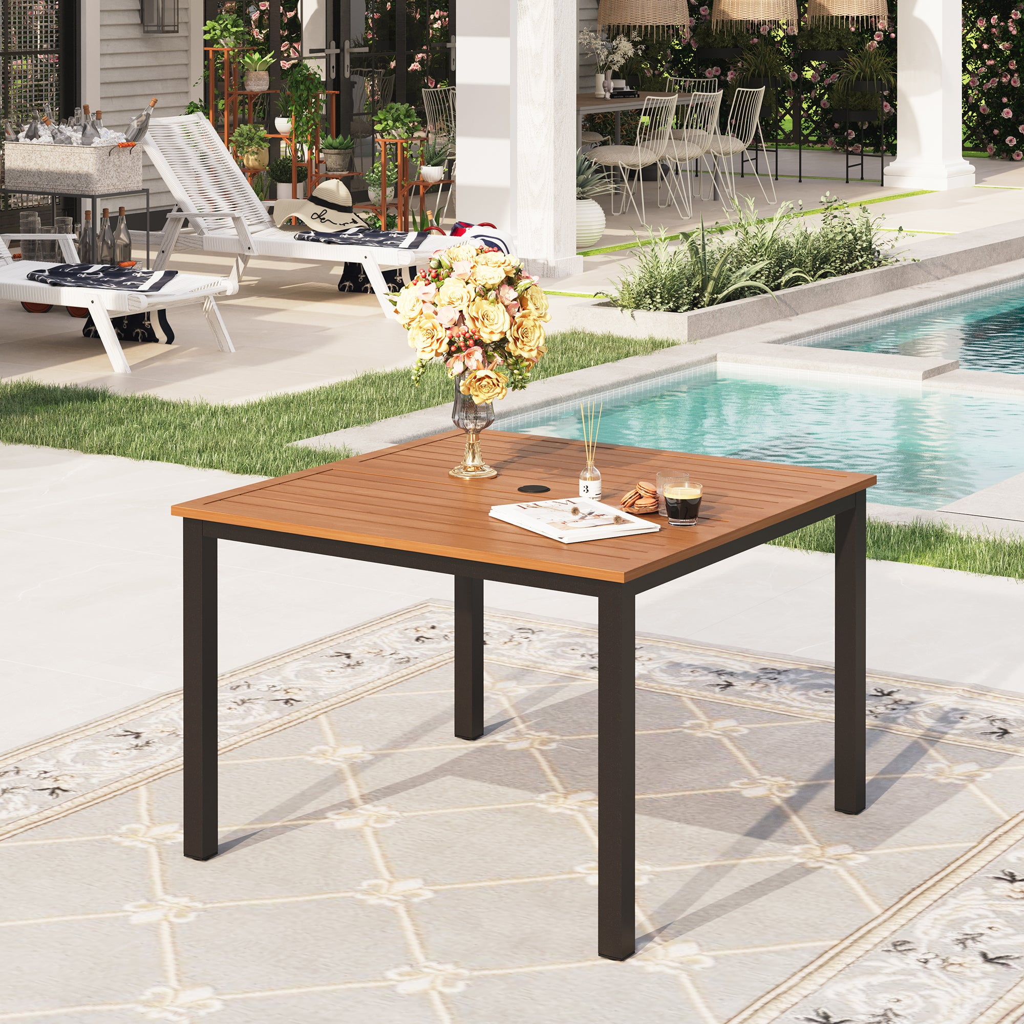 Sophia & William Outdoor Dining Table Patio Teak-Grain Steel Square Table for 4-Person - Walmart.com