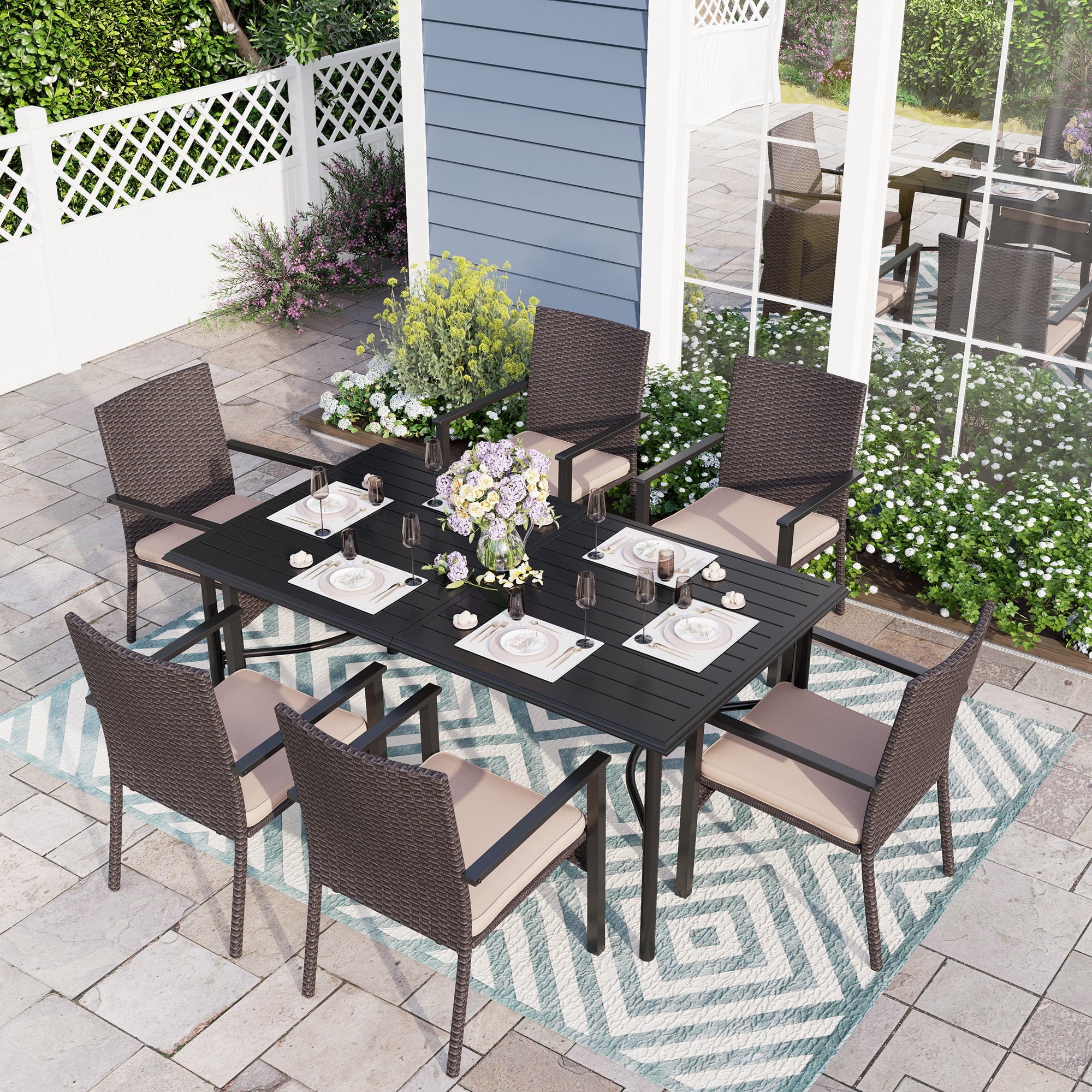 Alpha Joy Patio Outdoor Dining Set Wicker Rattan Chairs and Metal Table ...