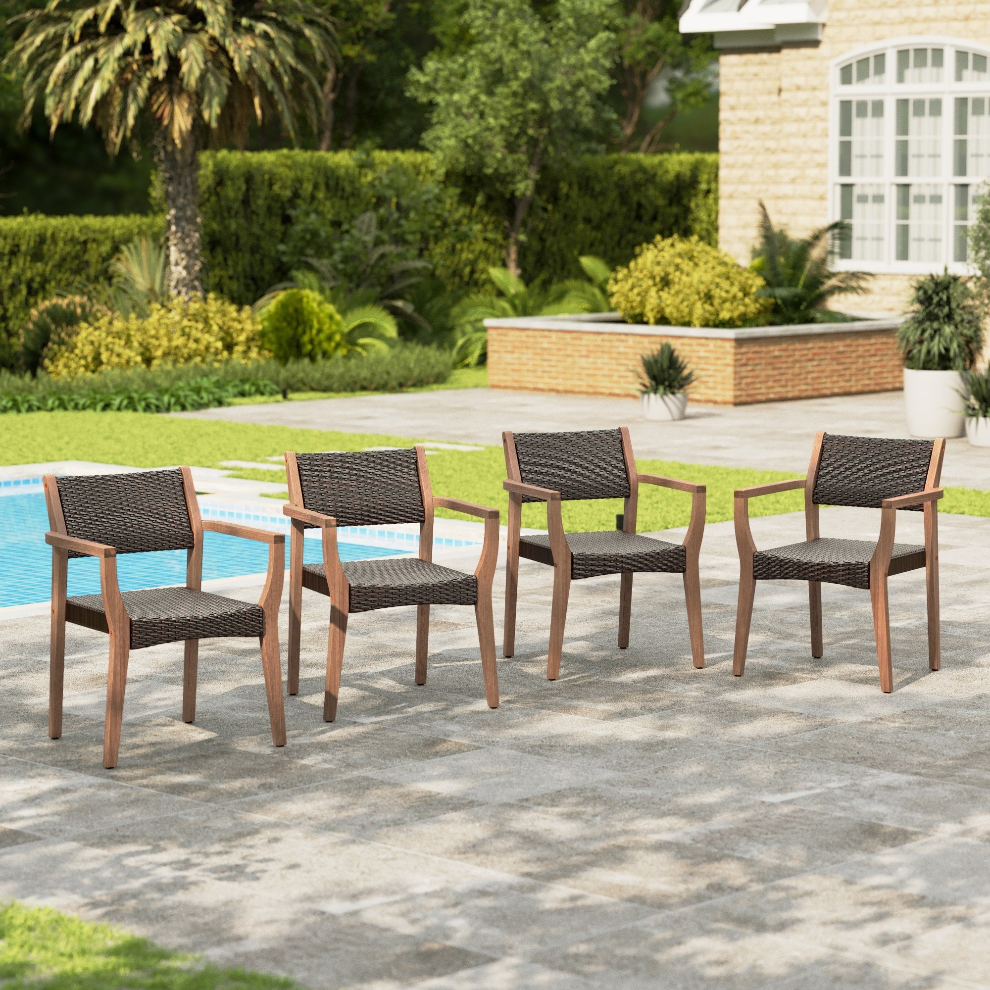 Alpha Joy Wicker Rattan Outdoor Patio Dining Chairs with Acacia Wood ...