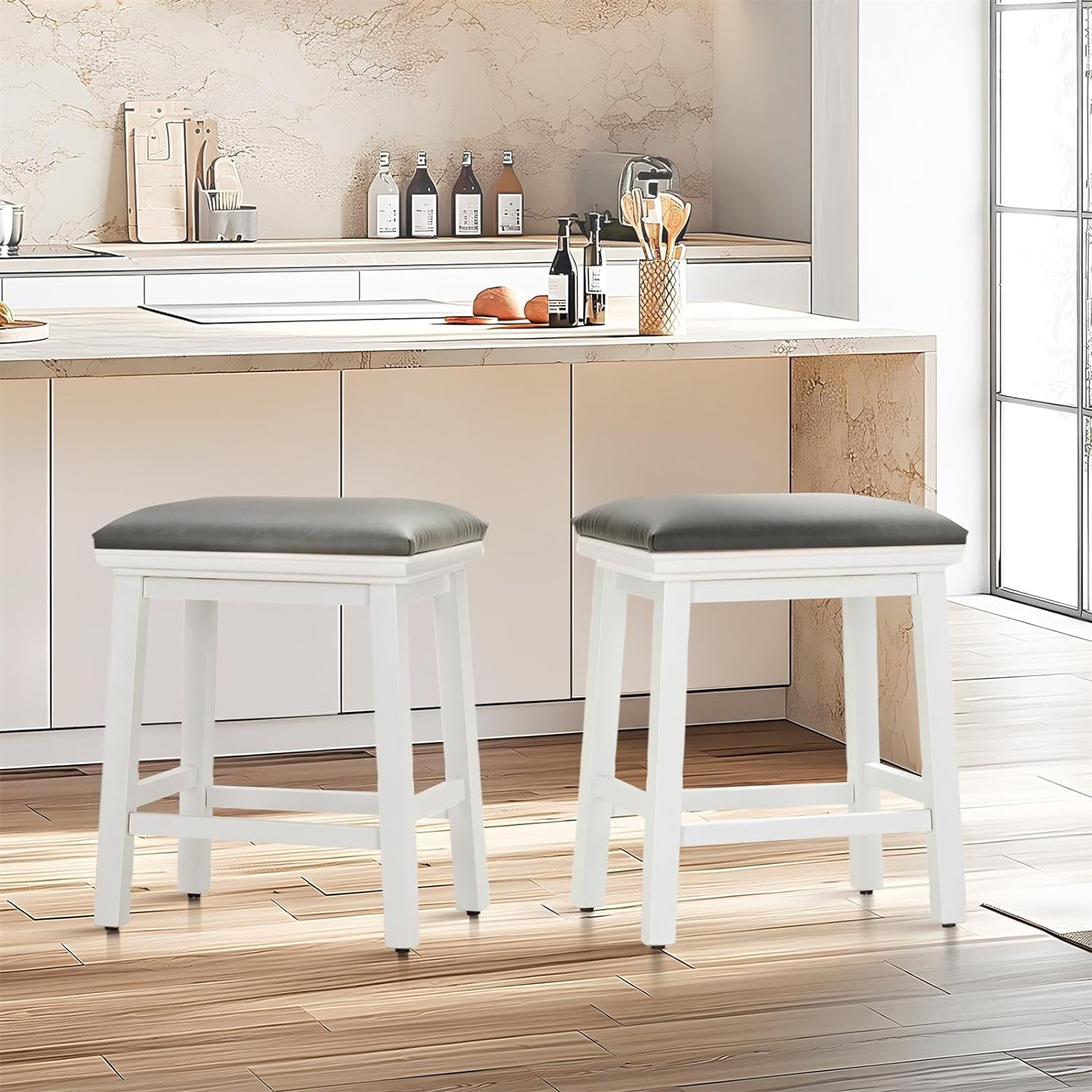 Sophia & William Gray Bar Stools Counter Height Bar Stools with Linen Fabric Seat & Solid Wood ...