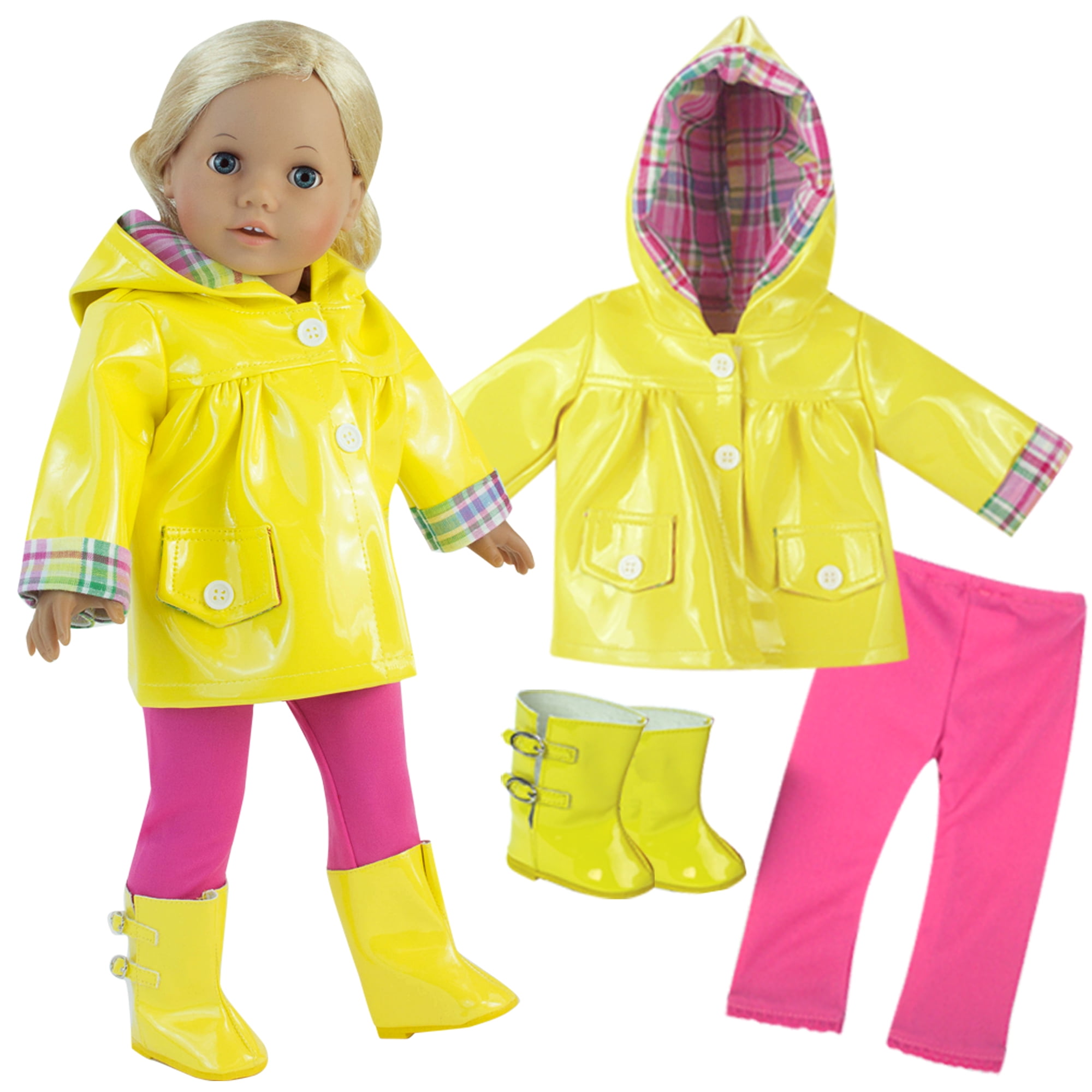 Sophia's 18" Doll Raincoat, Leggings & Rain Boots, Yellow & Pink ...