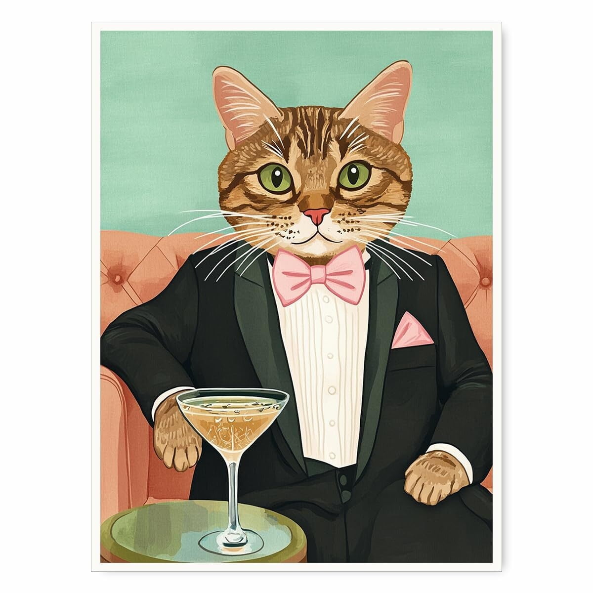 Sophisticated Cat Wall Art Funny Tabby Cat in Tuxedo Canvas Poster with Cocktail Print for ...