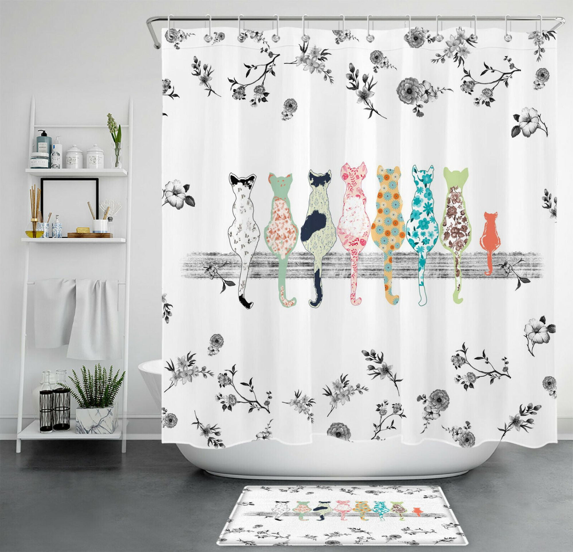 Sophisticated Monochrome Floral Cat Shower Curtain Elevate Your