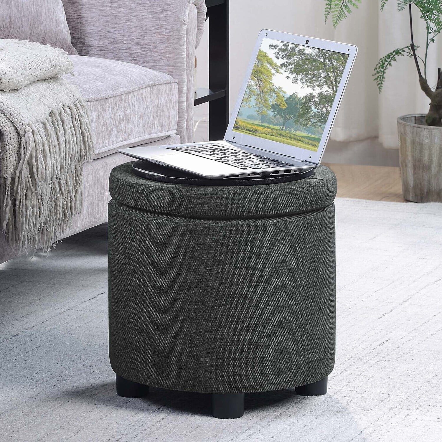 Sophisticated Simplicity Round Storage Ottoman with Reversible Tray Lid ...
