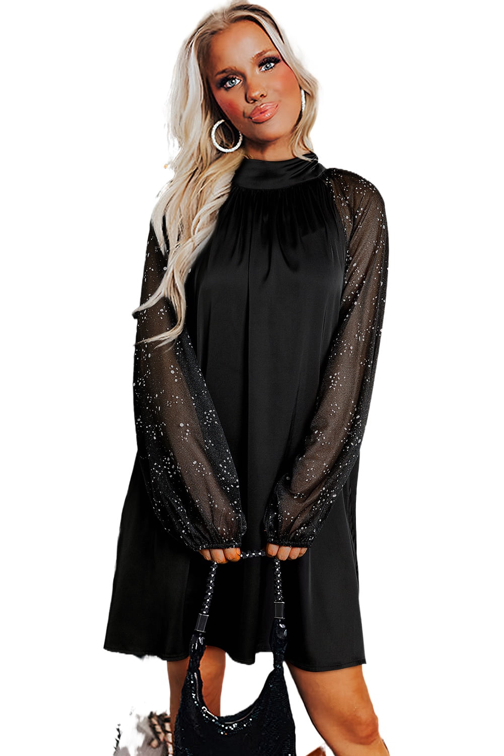 Sophisticated and Sparkling Black Party Dress - Mock Neck and Short ...