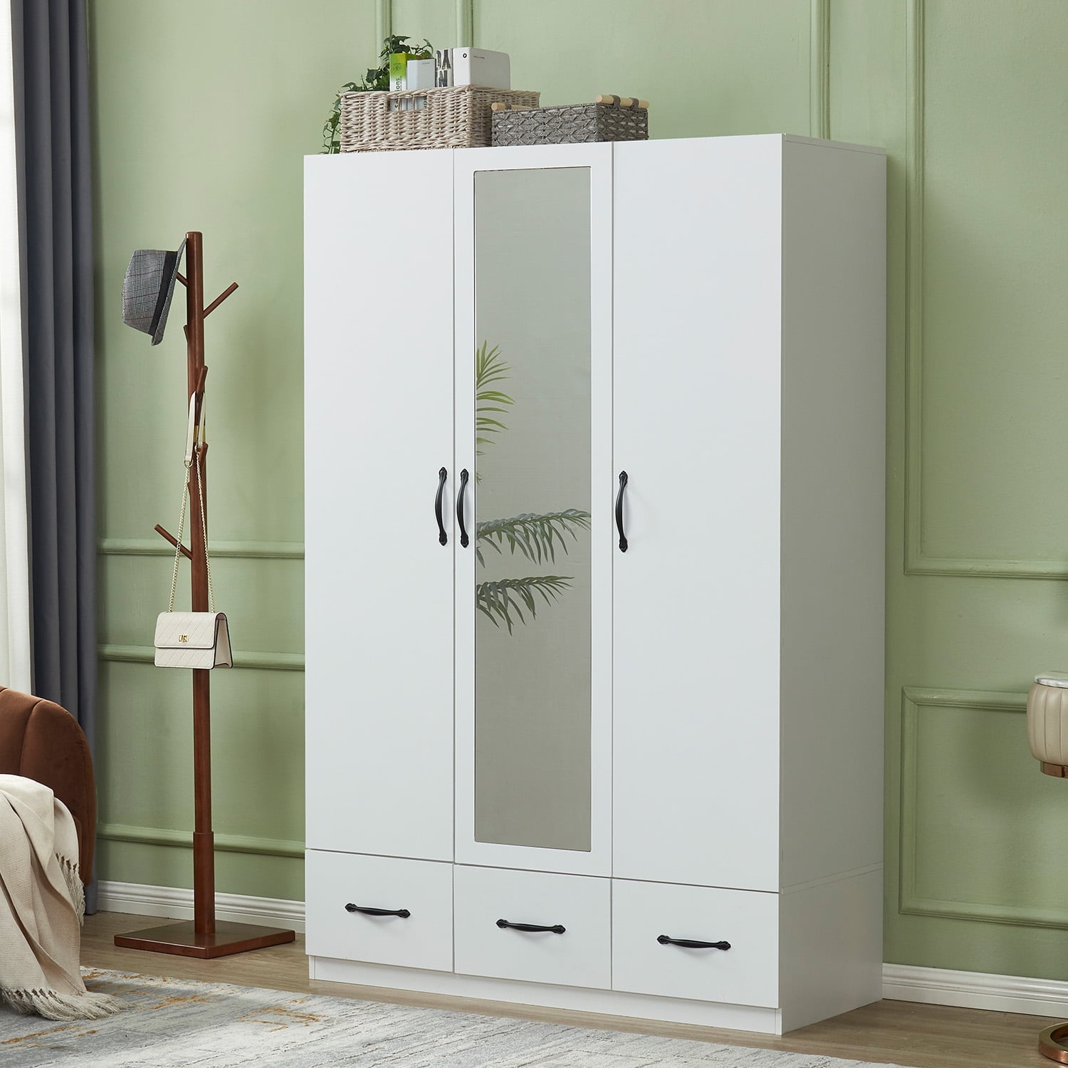 Sophshelter BIG FURNITURE 3-Door Bedroom Armoire with Mirror, 3 Drawers ...