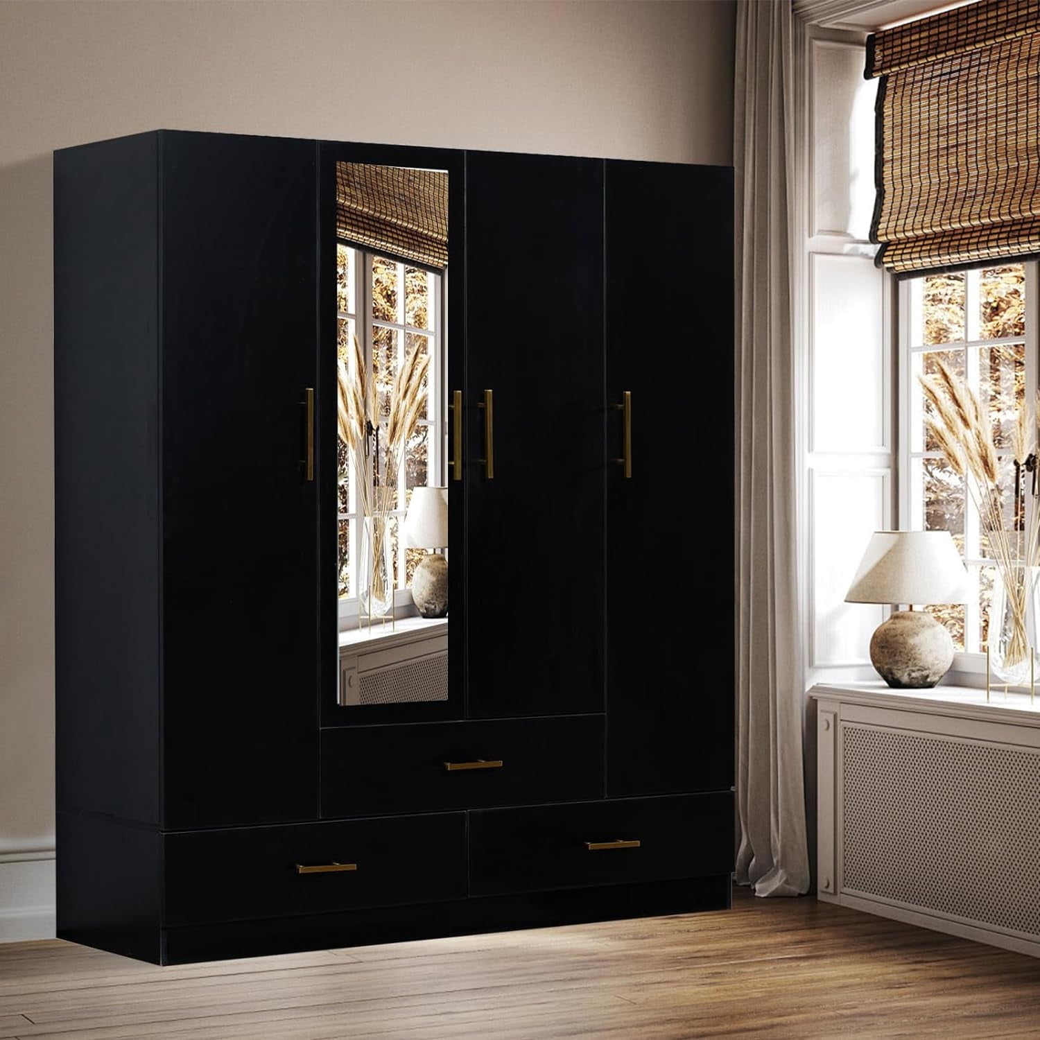 Sophshelter Black Armoire Wardrobe Closet: 4-Door with 3 Drawers ...