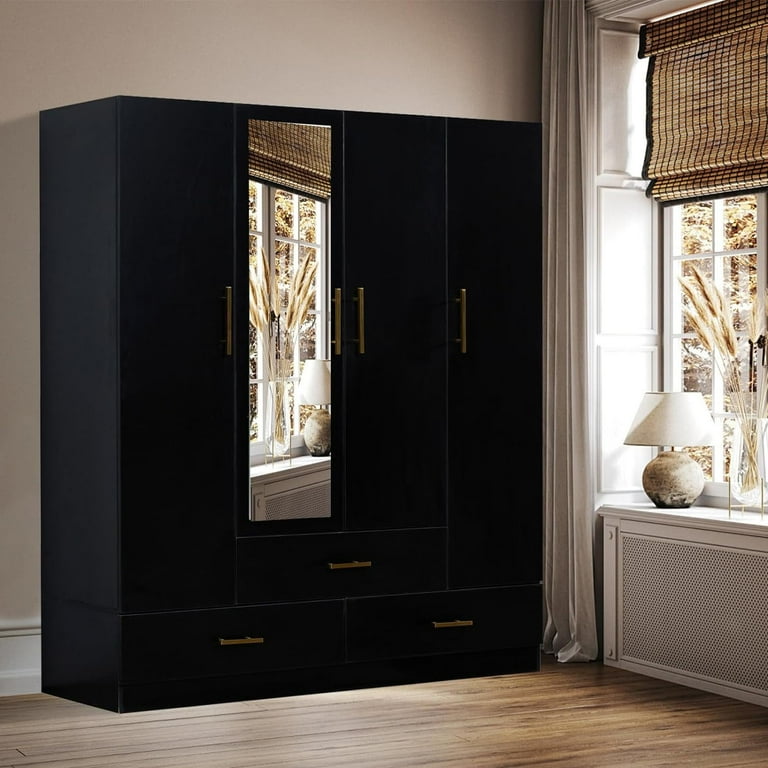Sophshelter Black Armoire Wardrobe Closet 4 Door with 3 Drawers Bedroom Armoires with Mirror and Bedroom Armoire Wardrobe Cabinet for Bedroom 63 W x 18.9 D x 70.9 H Walmart