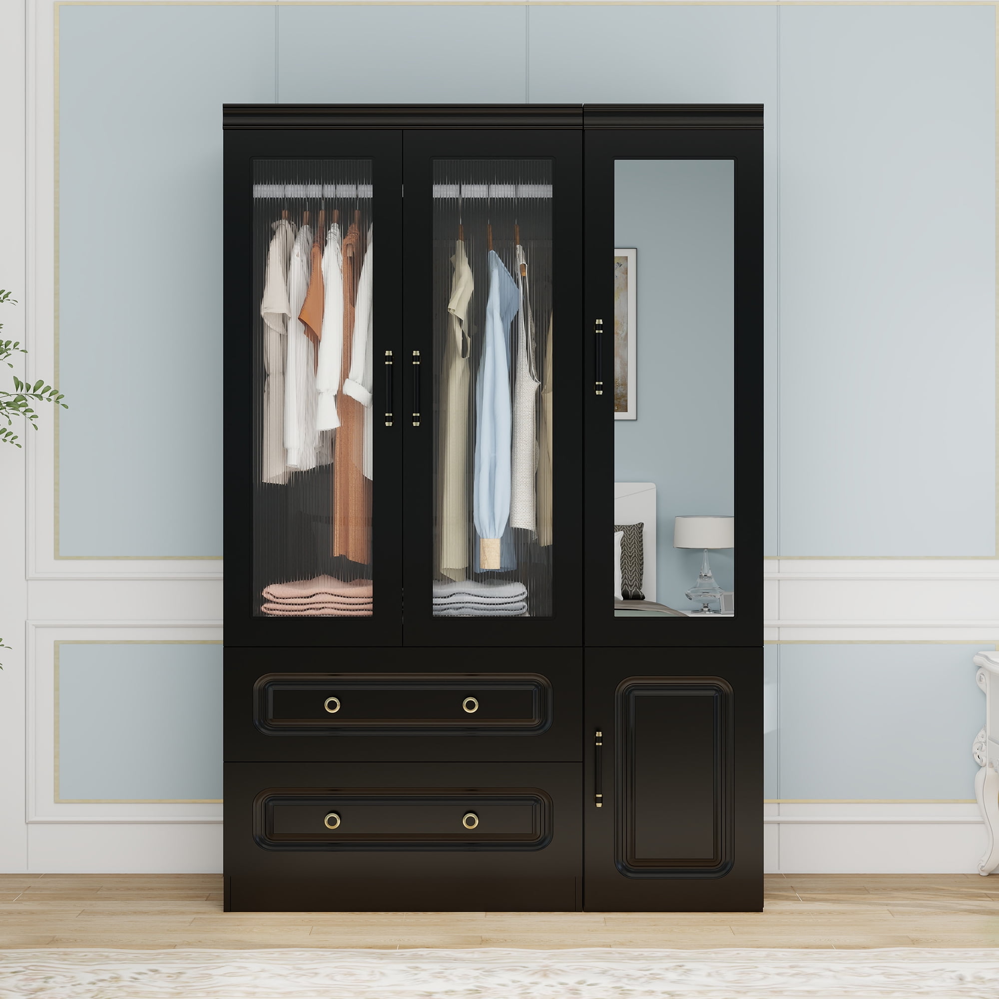 Sophshelter Black Armoire Wardrobe Closet with Mirror, 3 Doors and 2 ...