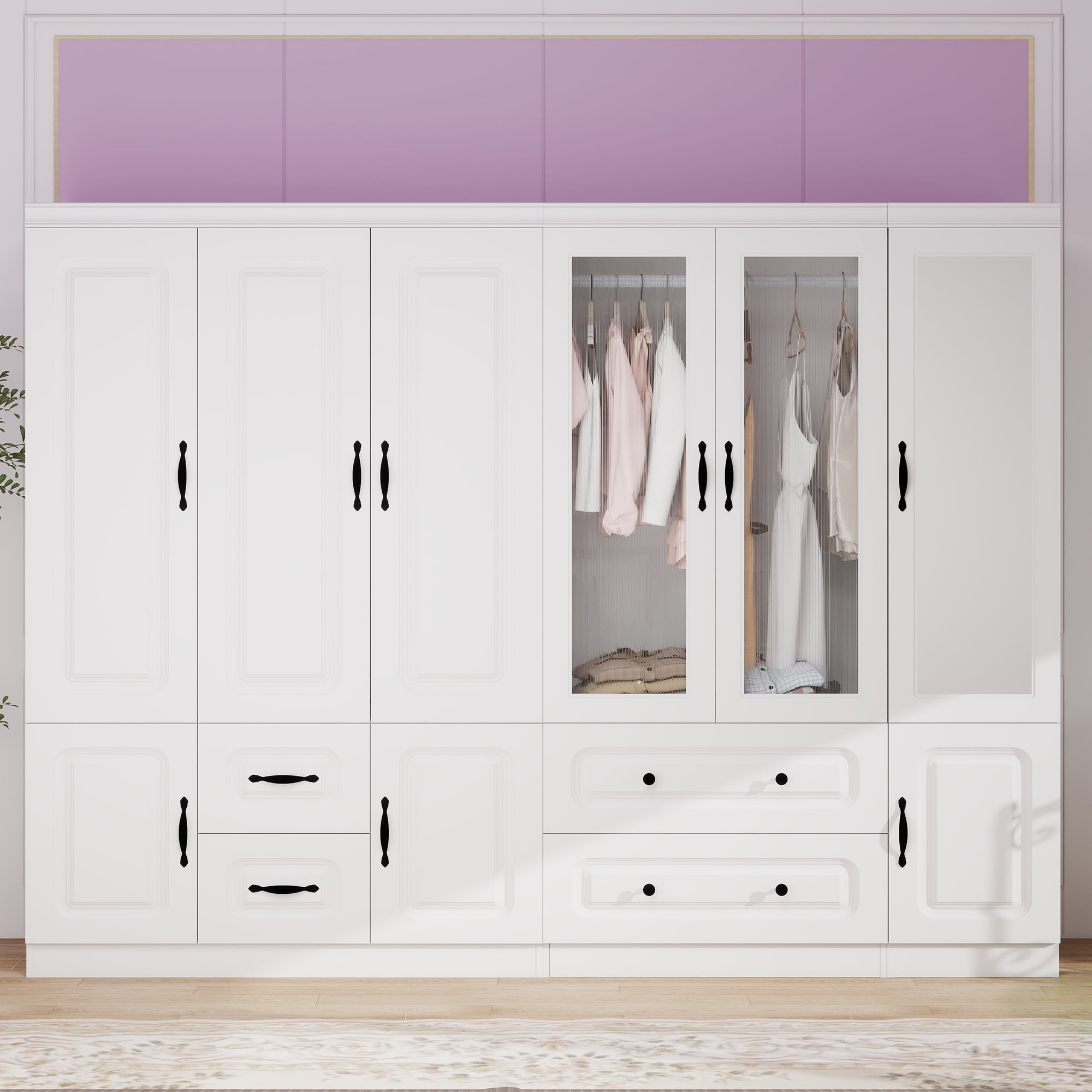Sophshelter Modern White Armoire Wardrobe Closet with 6 Doors, 4 ...