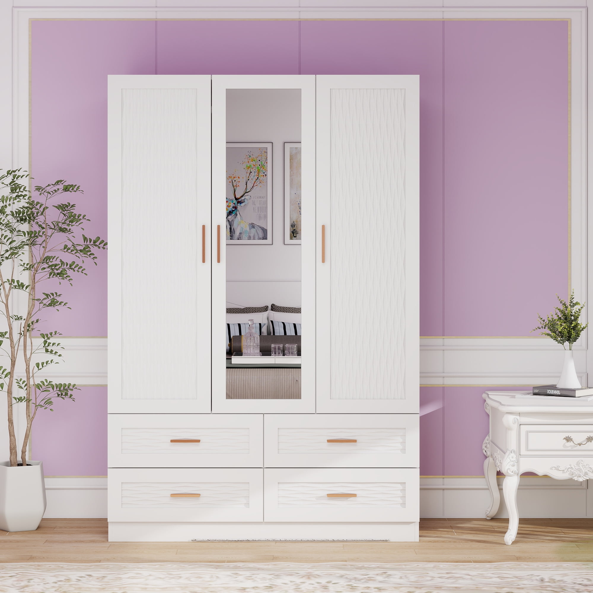 Sophshelter White Armoire Wardrobe Closet with Mirror, 3 Doors, 4 ...