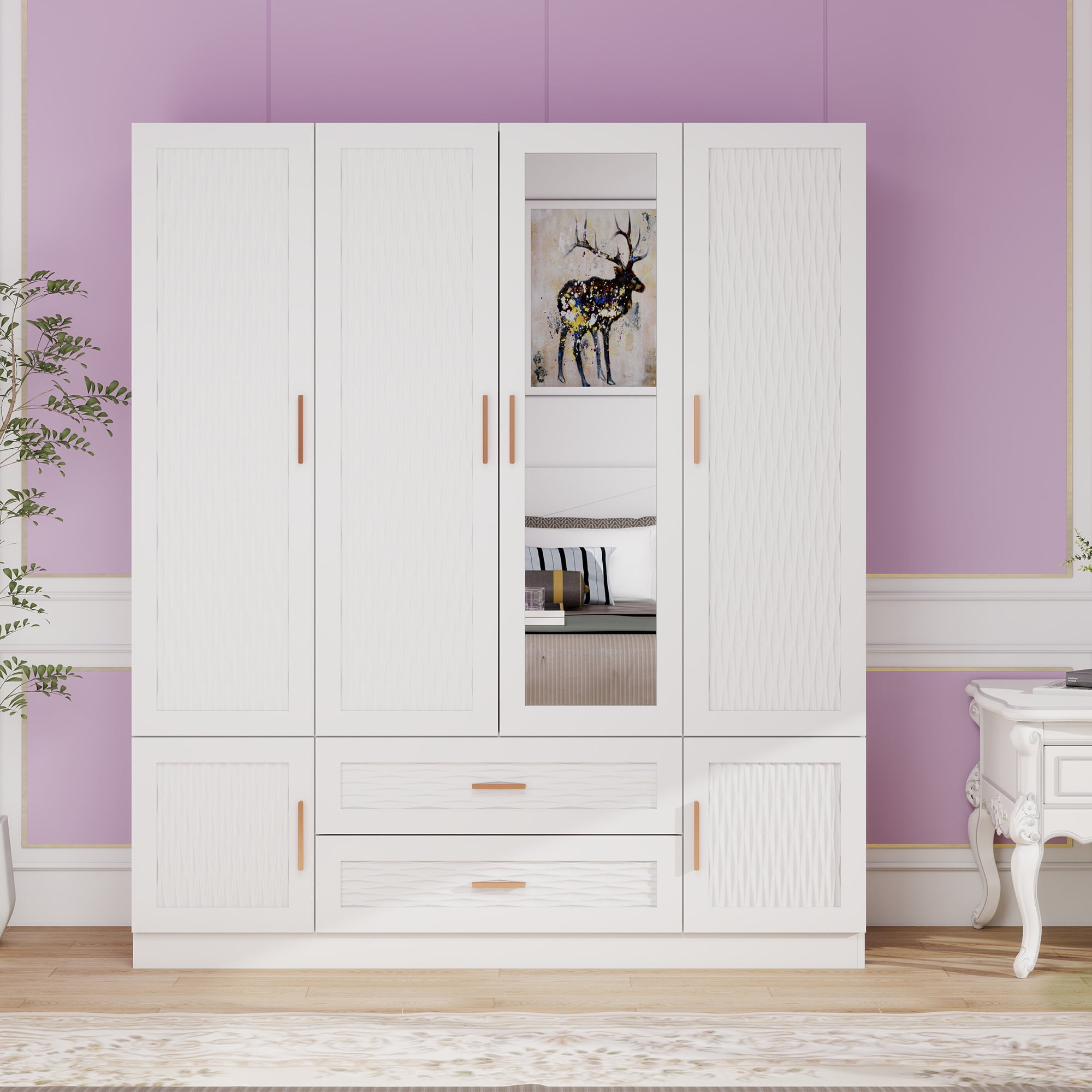 Sophshelter White Armoire Wardrobe Closet with Mirror, 4 Doors, 2 ...