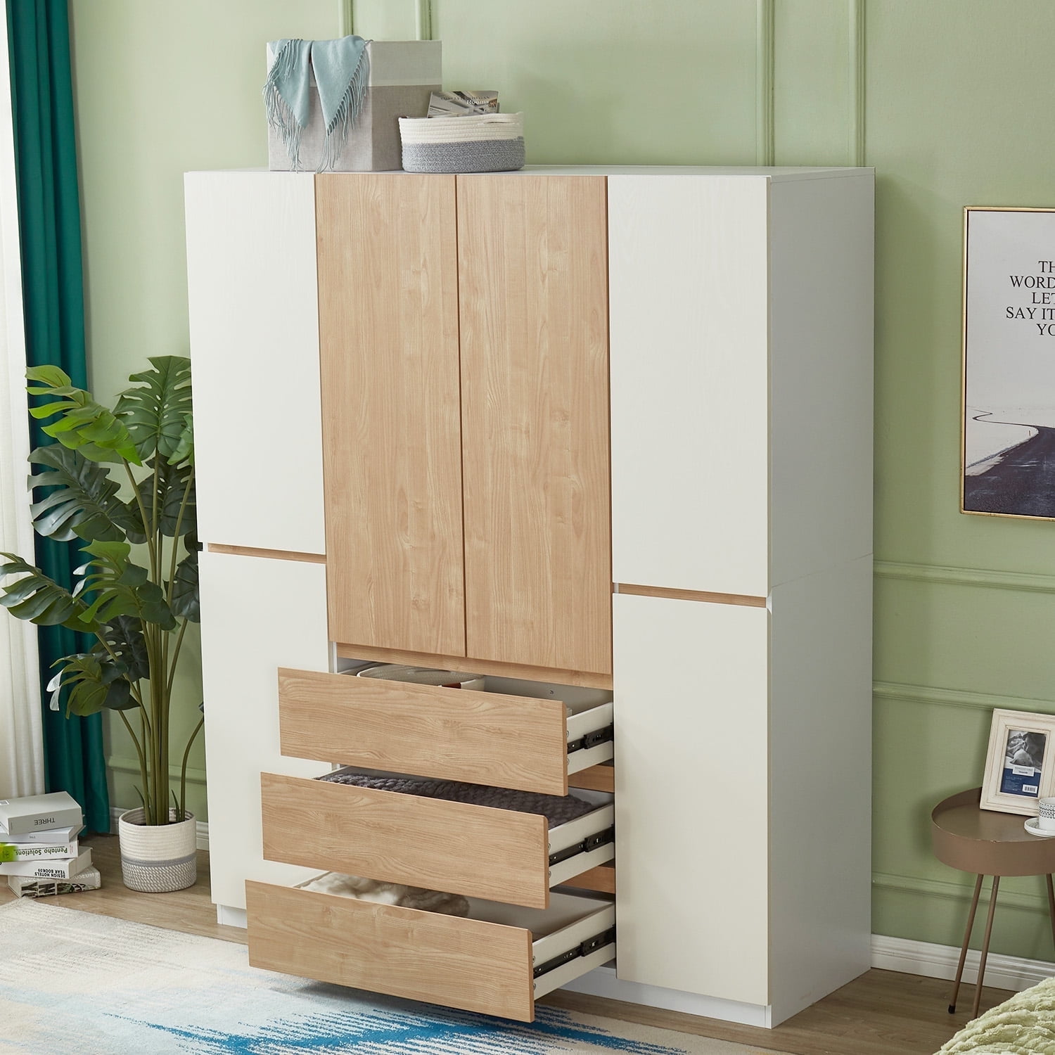 Sophshelter Wooden Armoire Wardrobe Closet Cabinet, 4-Door White Closet ...