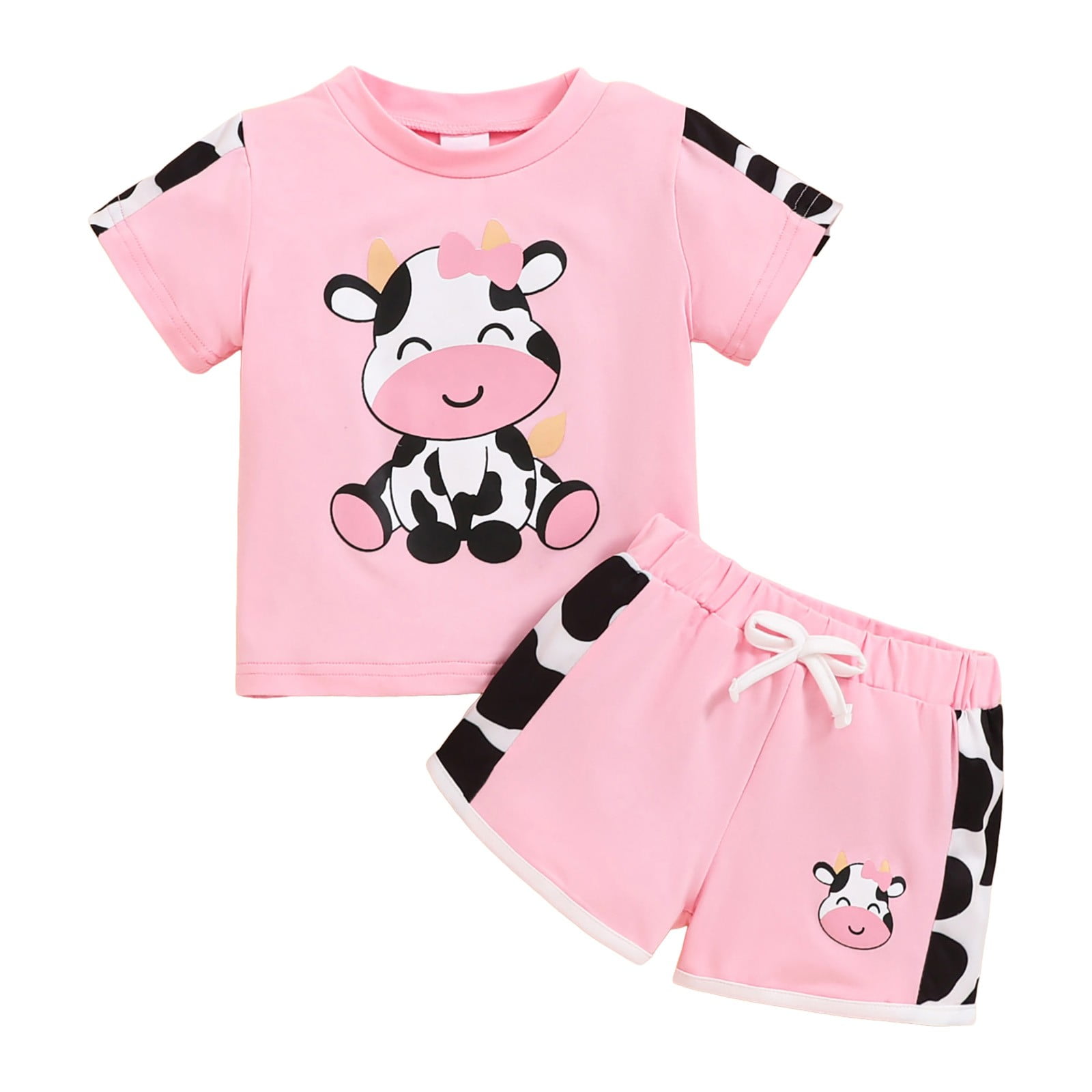 Sopiago Baby Girl Summer Outfit Cow Print Short Sleeve T Shirt Tops and Stretch Shorts Toddler ...