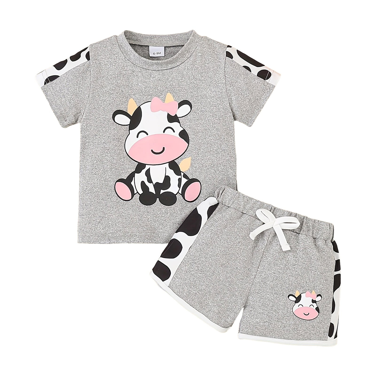 Sopiago Baby Girl Summer Outfit Cow Print Short Sleeve T Shirt Tops and Stretch Shorts Toddler ...