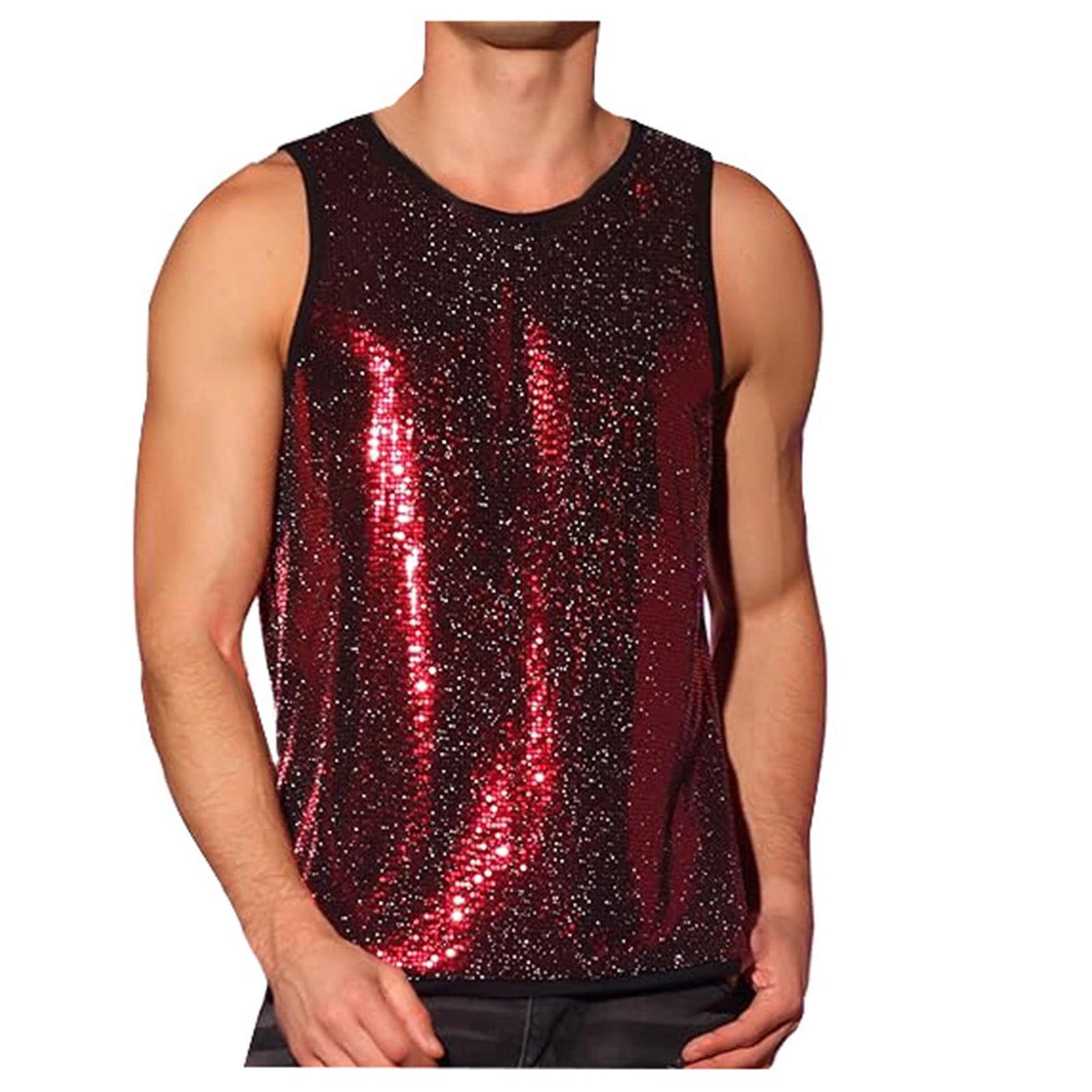 Sopiago Men's Sparkly Sequin Sleeveless Shirt Crew Neck Tank Tops for ...