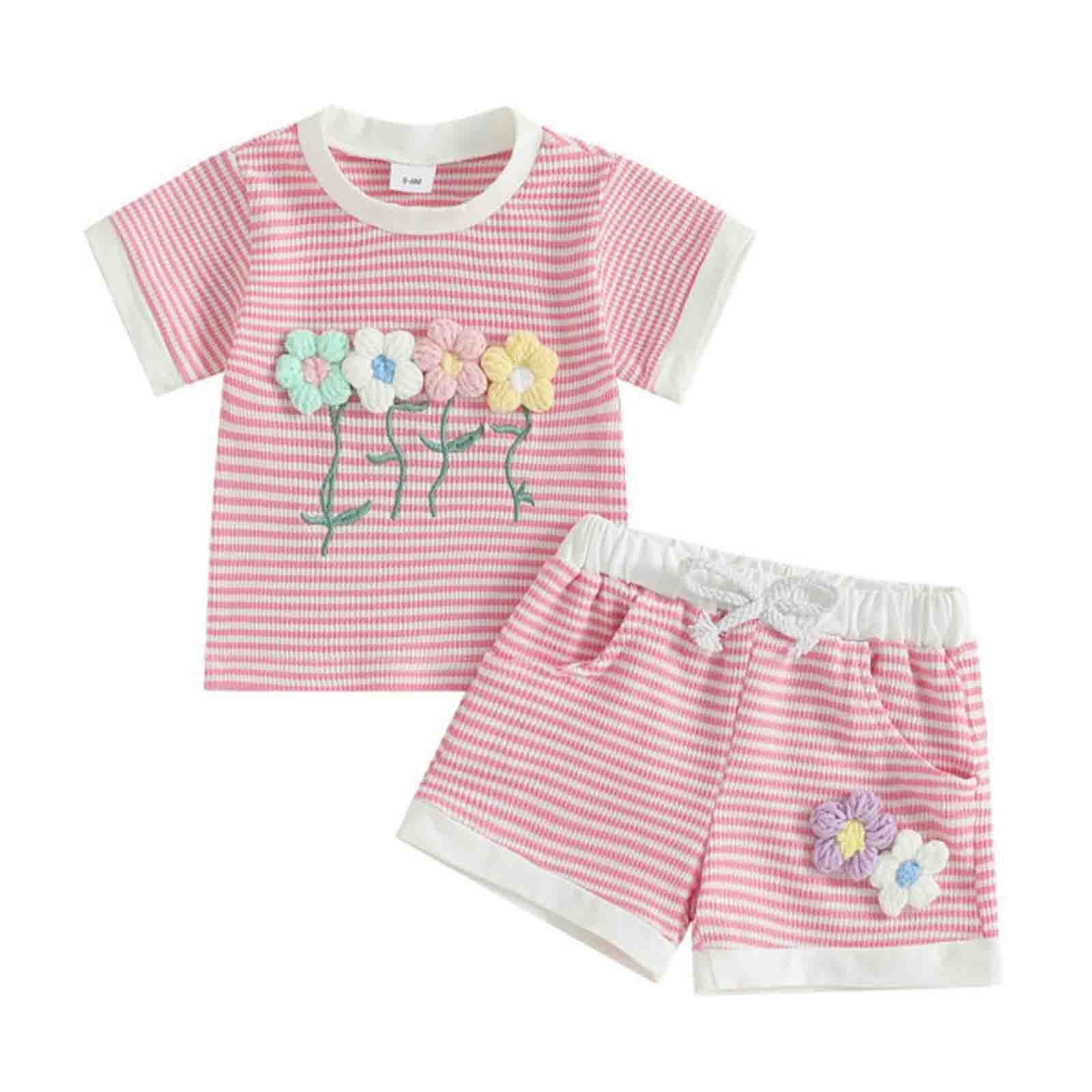 Sopiago Toddler Girl Summer Outfits Baby Girl Embroidered Flowers Short Sleeve T Shirts Shorts ...