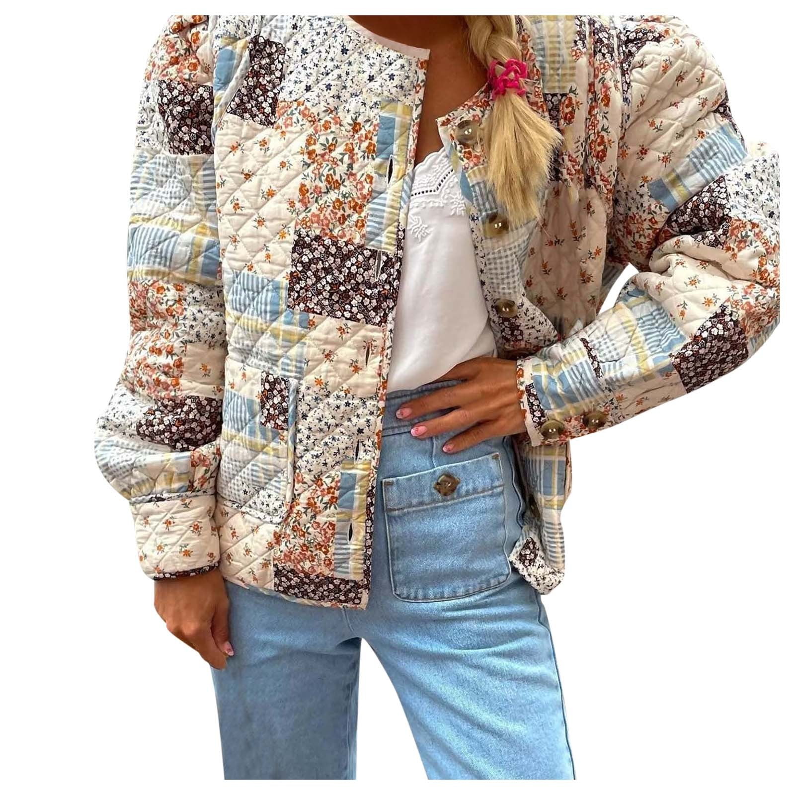 Sopiago Women Open Front Puffer Jacket Vinatge Floral Print Crop ...