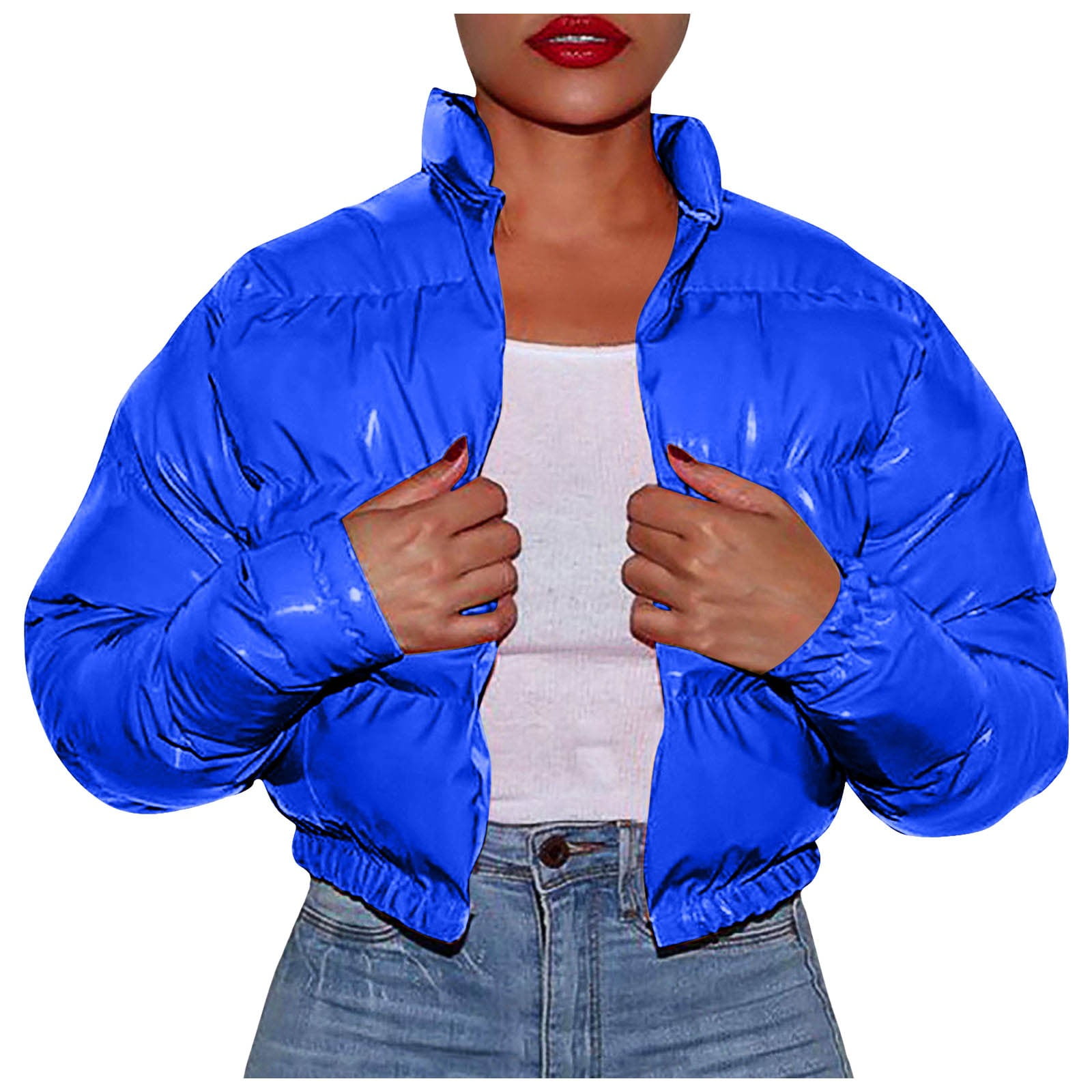 Sopiago Women's Cropped Puffer Jacket Stand Collar Zip Up Short Bubble ...