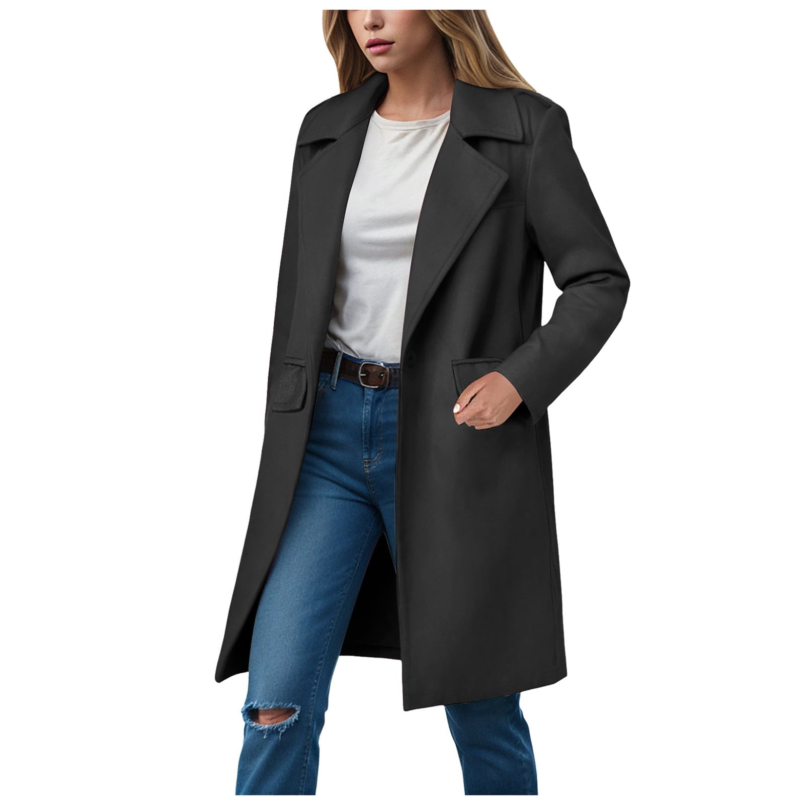 Sopiago Women's Wool Coat Pockets Blazer Jacket Long-Length Lapel ...