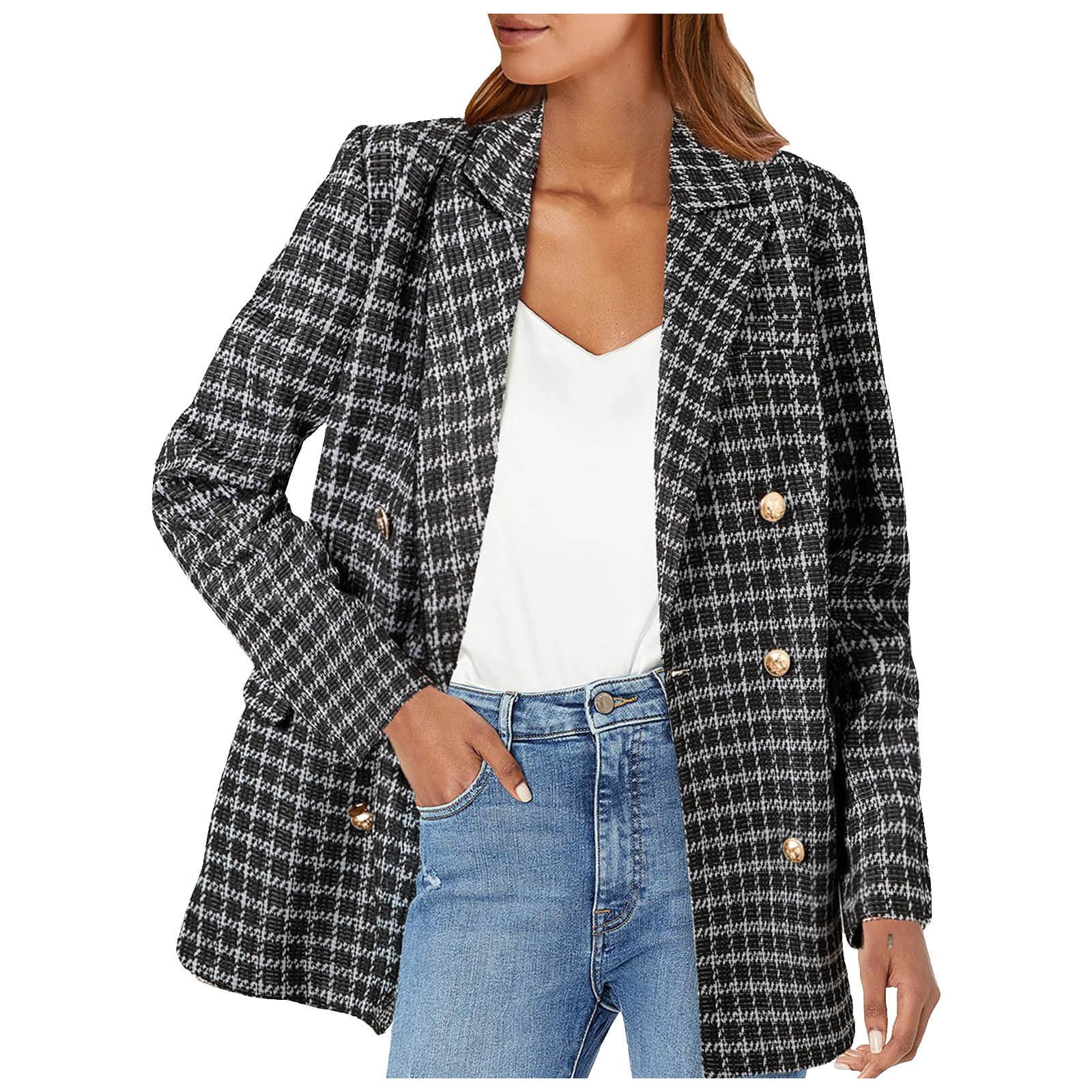 Sopiago Womens Tweed Blazers Casual Jackets Long Sleeve Double Open ...