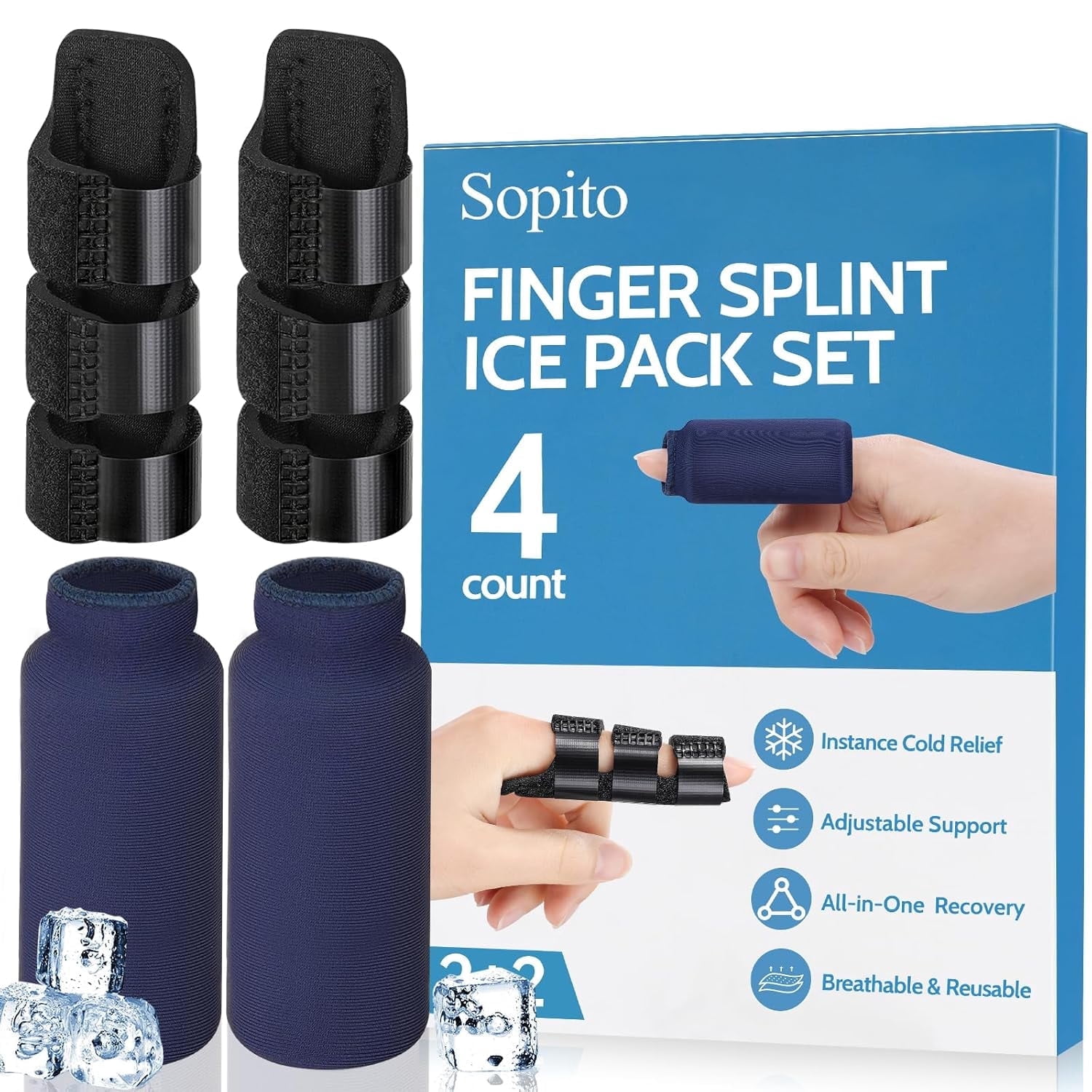 Sopito Finger Splint 4pcs, Adjustable Support with Ice Pack for Index ...