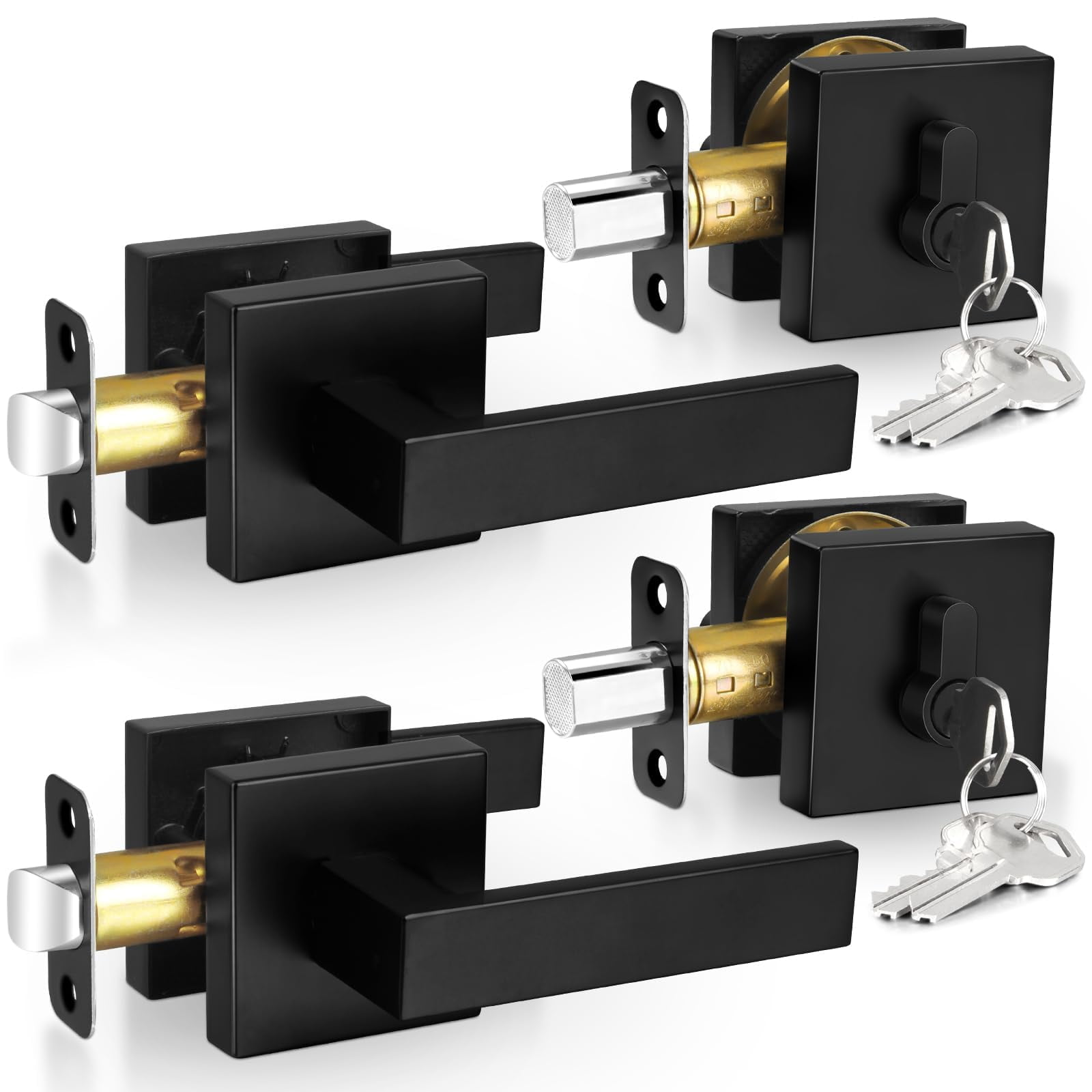 Sopoby Passage Door Handles Matte Black with Single Cylinder Deadbolts Combo Pack, Modern Square ...