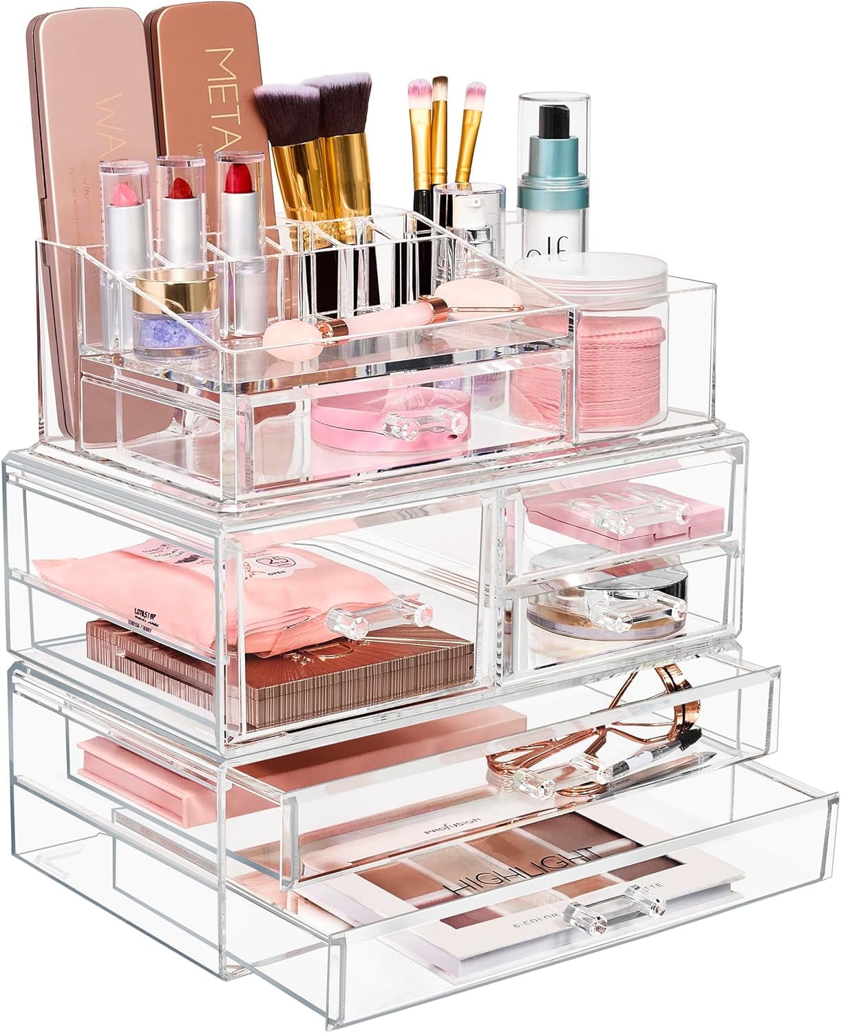 Sorbus 3 Piece Acrylic Makeup Organizer Set Vanity Countertop Cosmetics and Jewelry Storage Case Display with 5 Easy Glide Drawers 16 Slot Top Tray