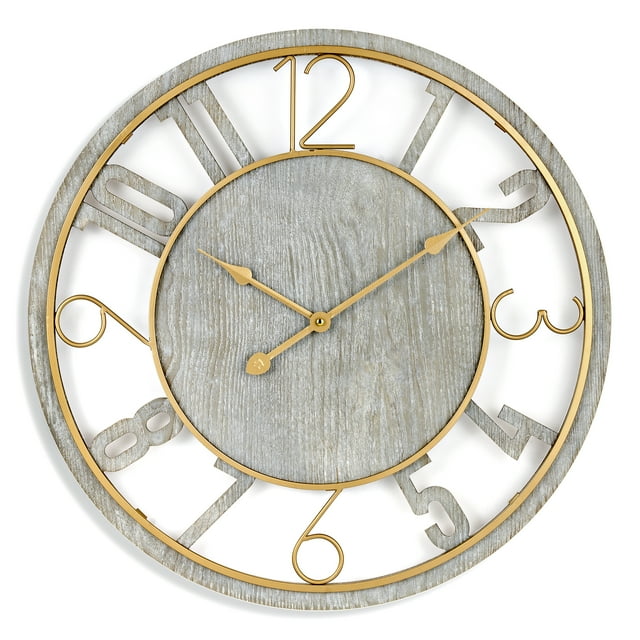 Sorbus Large Wall Clock - Modern Gray Wood with Gold Metal Accents ...