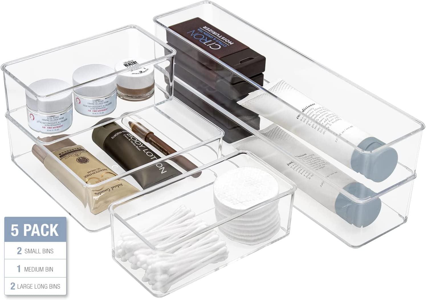 Sorbus Set of 5 Clear Stackable Drawer Organizer Bins for Cosmetics ...