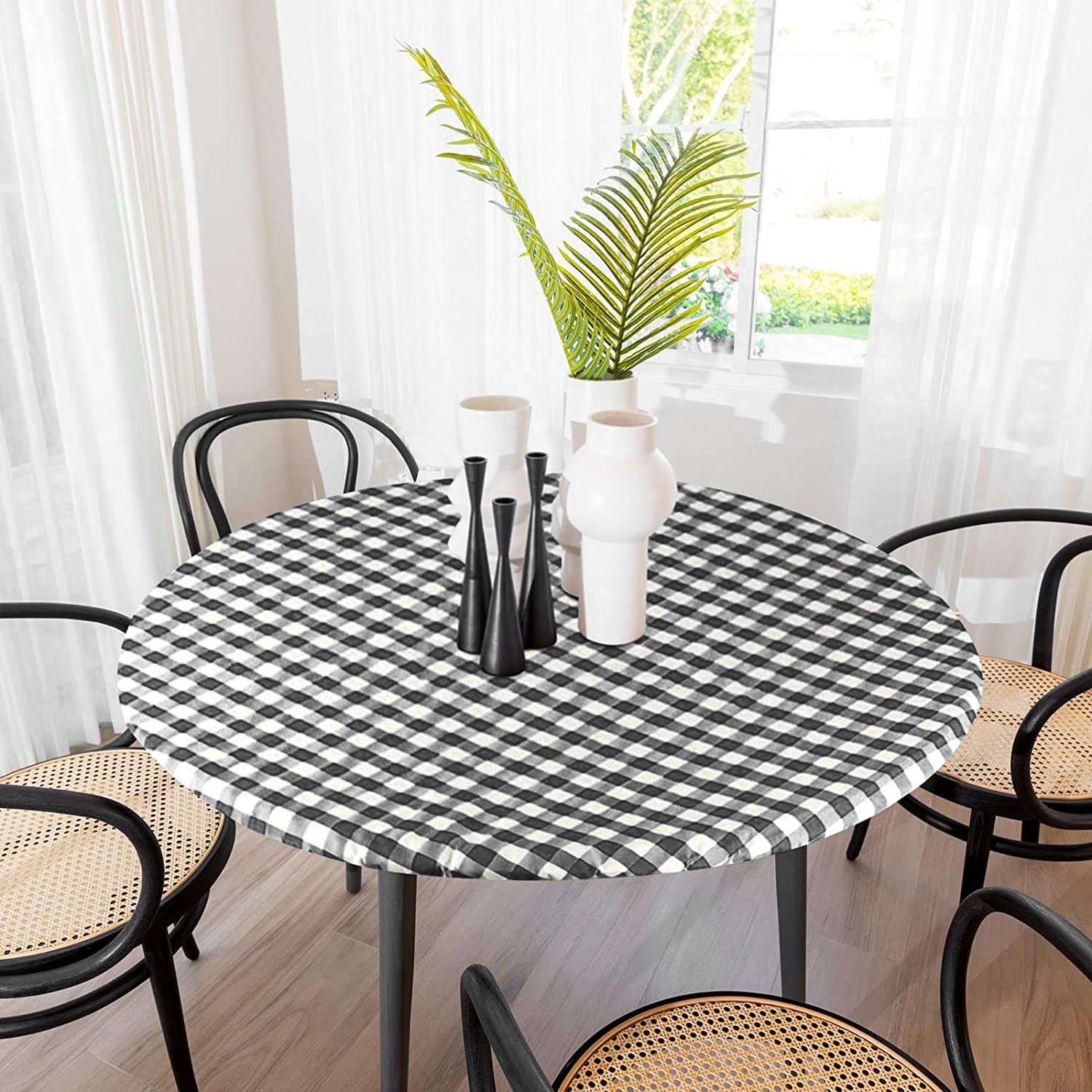Sorfey Elastic Outdoor Vinyl Cloth, Round Picnic Table Cover, Checkered ...