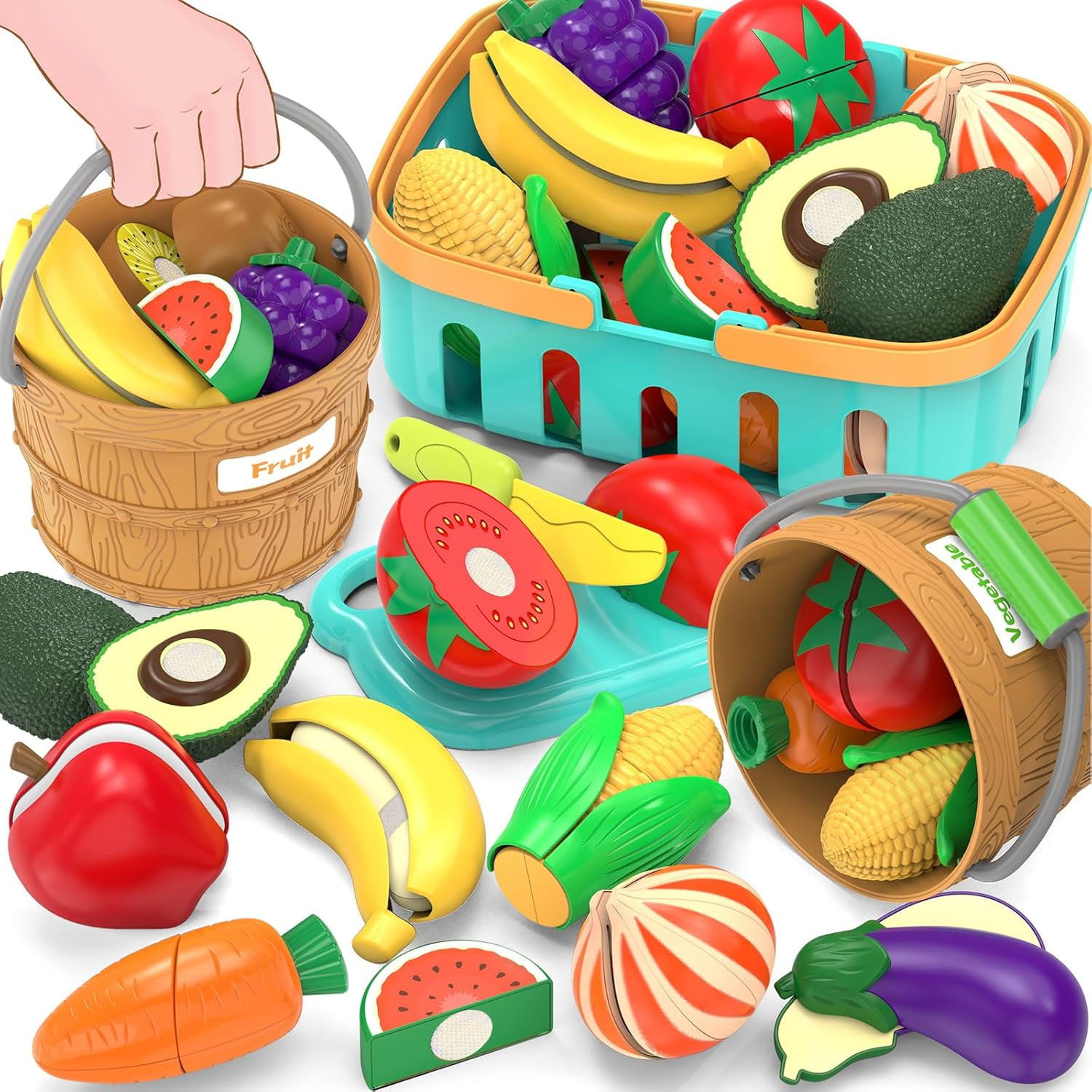 Sorting Play Food Sets - 2 Buckets with Handle, 1 Storage Basket, Fruit ...