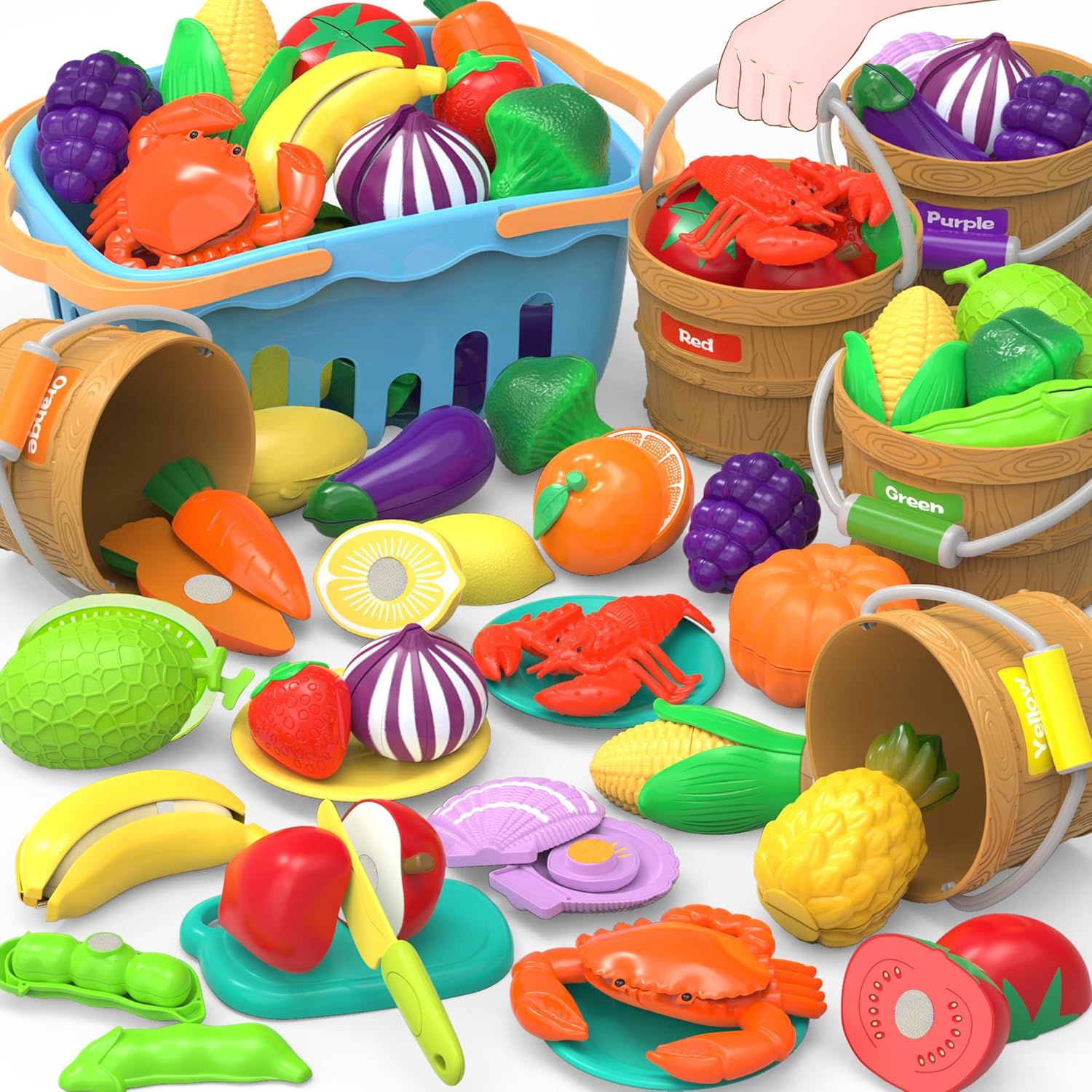 Sorting Play Food Sets - 2 Buckets with Handle, 1 Storage Basket, Fruit ...