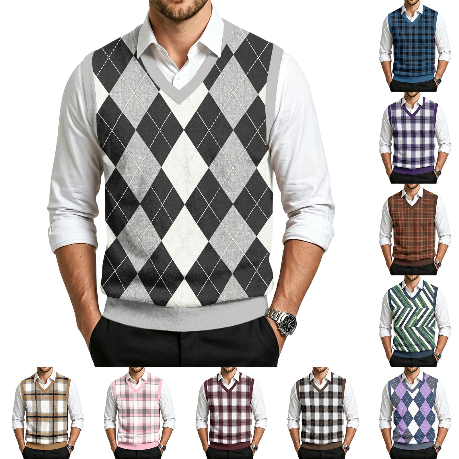 Sorvello Men's Argyle Knit Sweater Vest V Neck Sleeveless Pullover ...