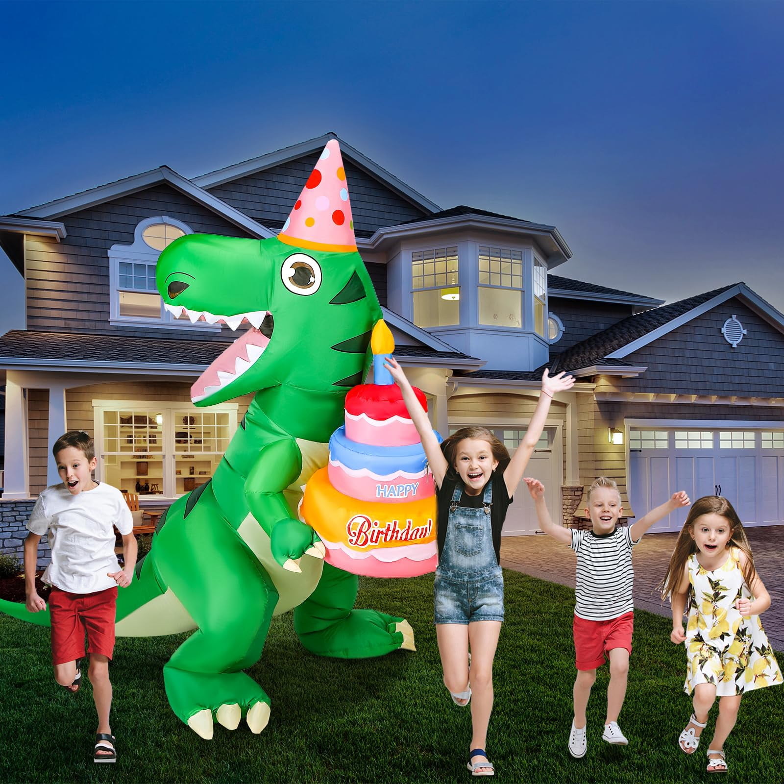 Sosation 6 ft Tall Lighted Birthday Inflatable Green Dinosaur with Cake ...