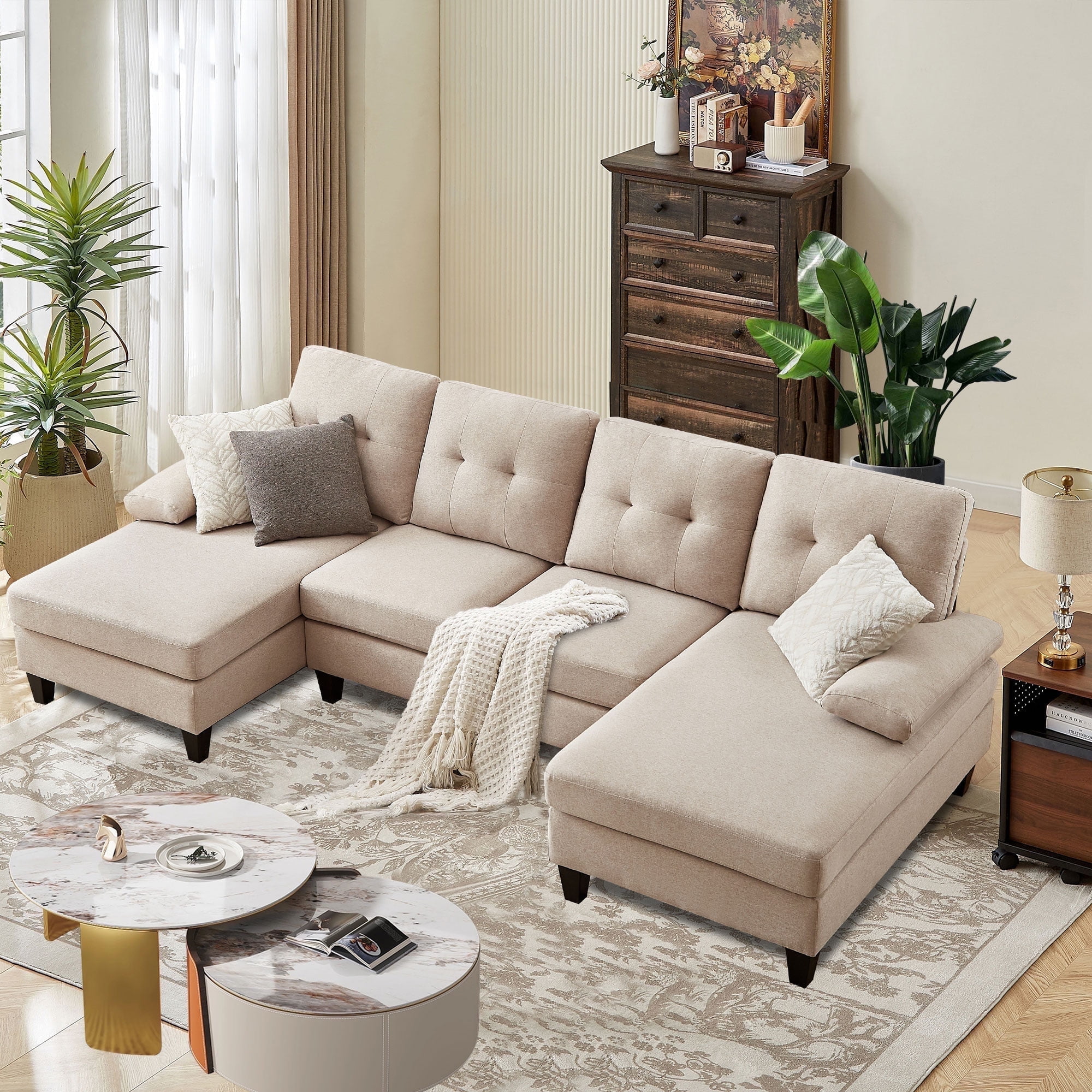 Soscana 110" Sectional Sofa U-Shaped Sofa Couch with Double Chaise and Zippered Armrest, Modern ...