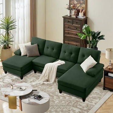 108.5" U-Shape Sectional Sofa with Double Chaise Lounge, Linen ...
