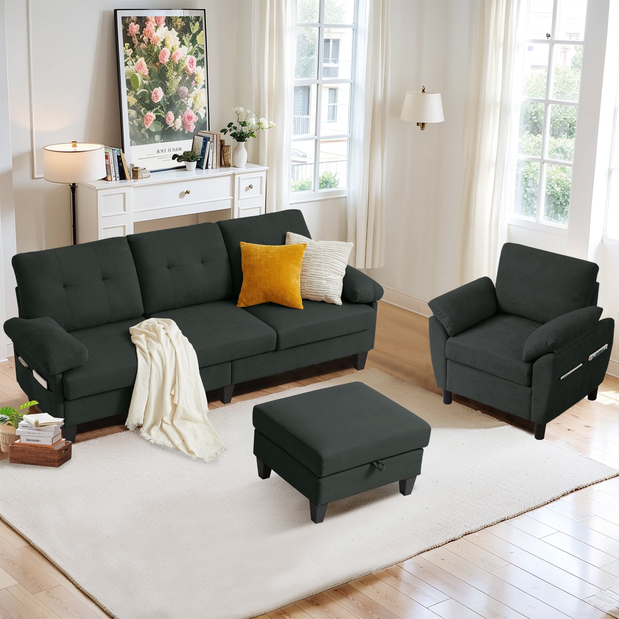 Soscana 2 Piece Sectional Sofa Set, Modern Linen Small L Shaped Couch ...